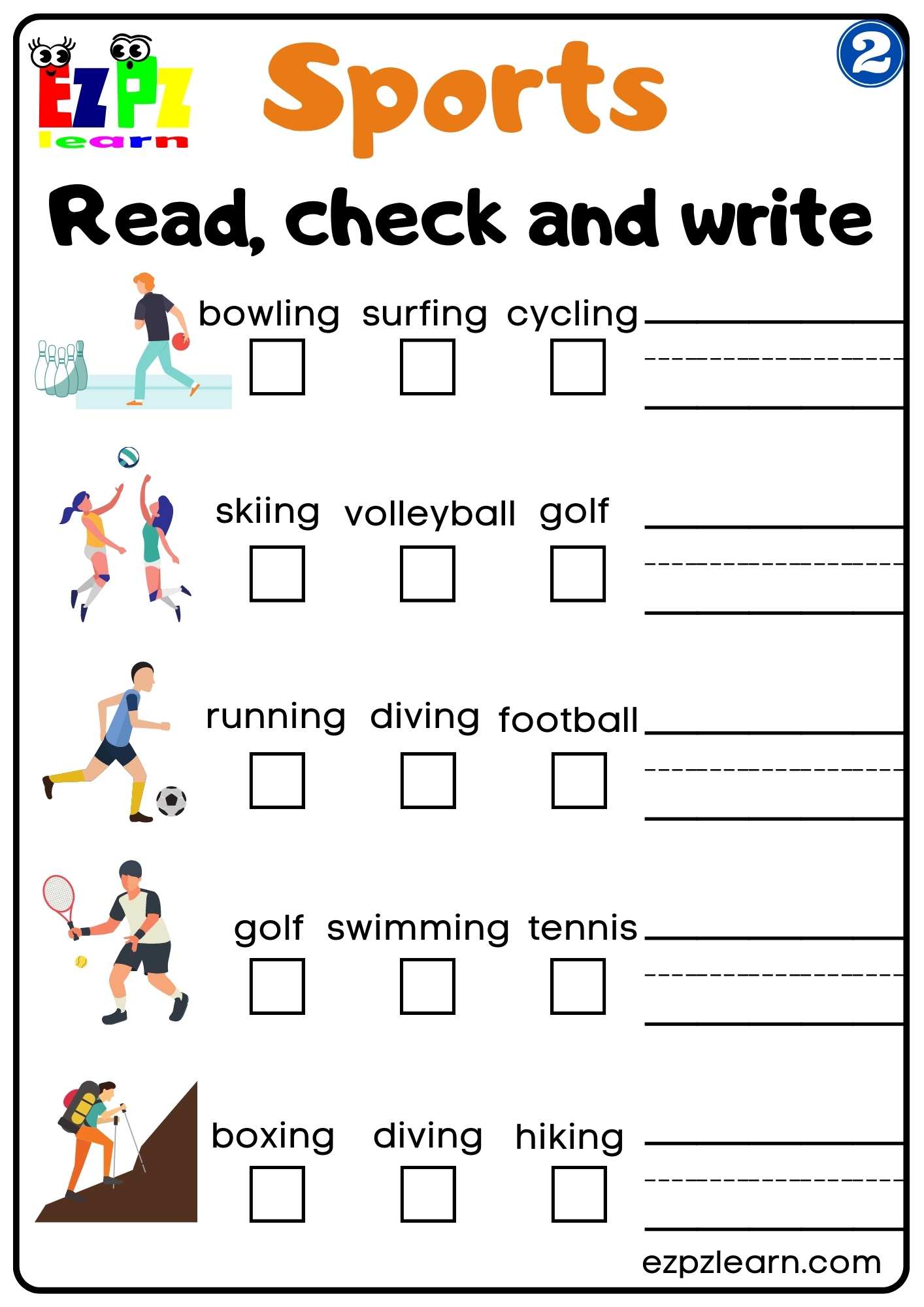 Group 2 Sports Read Check and Write Worksheet K5 Kids and ESL Students ...