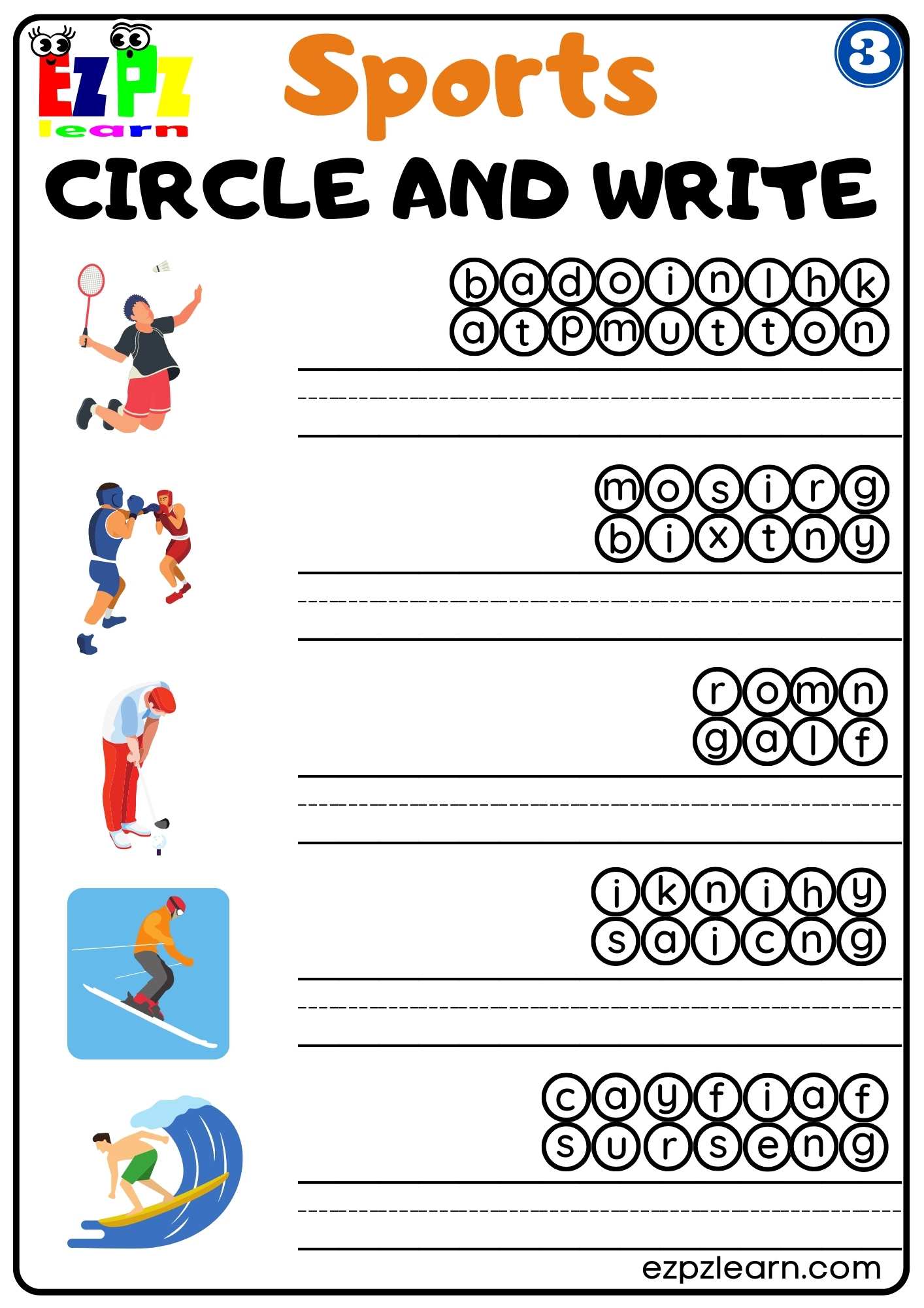 Group 3 Sports Circle and Write Worksheet Kids K5 and ESL Students PDF ...