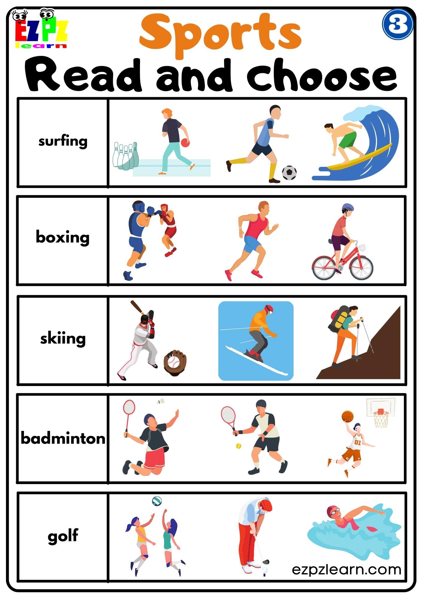 Group 3 Sports Read and Choose Worksheet Kids K5 and ESL Students PDF ...