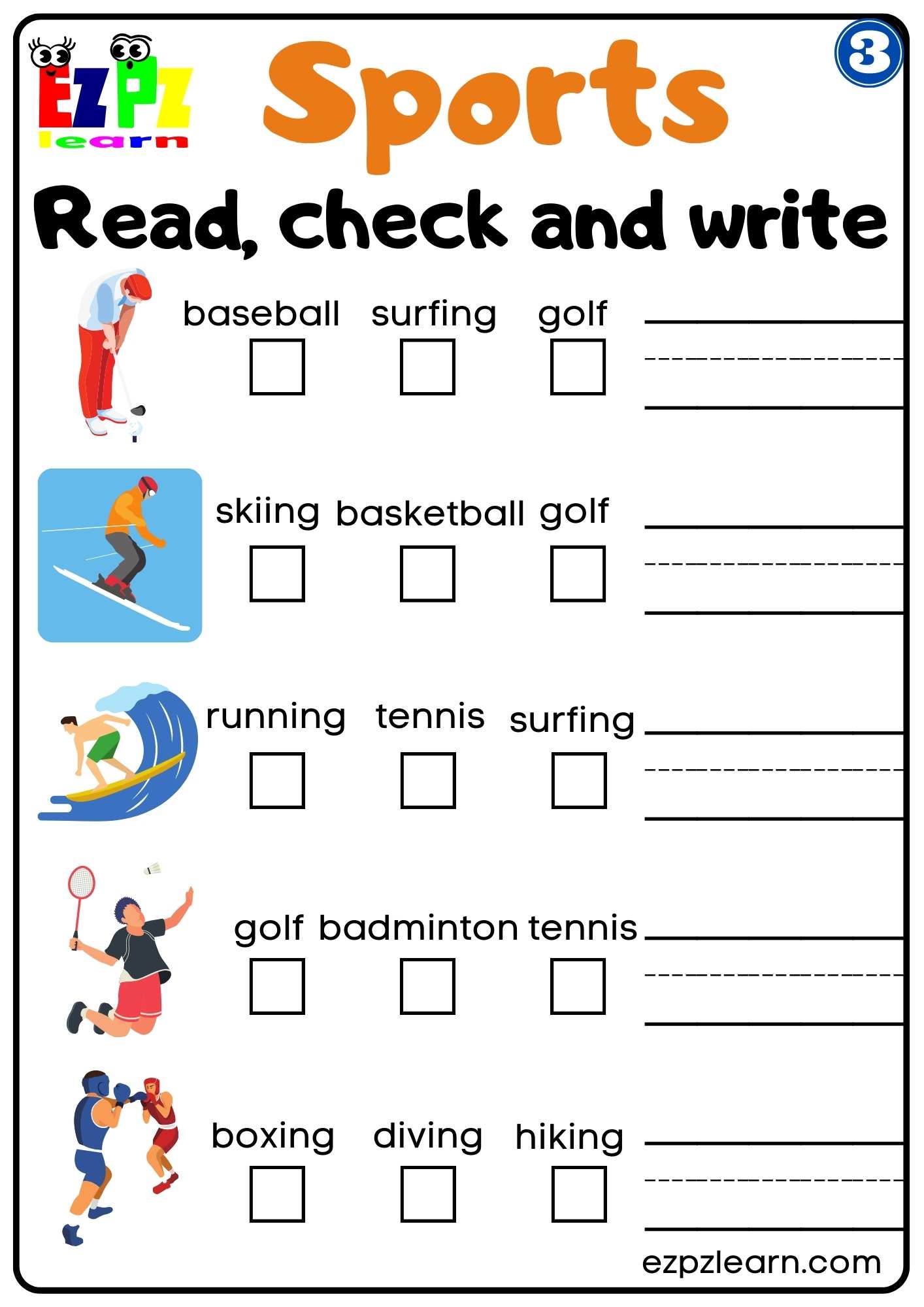 Group 3 Sports Read Check and Write Worksheet Kids K5 and ESL Students ...