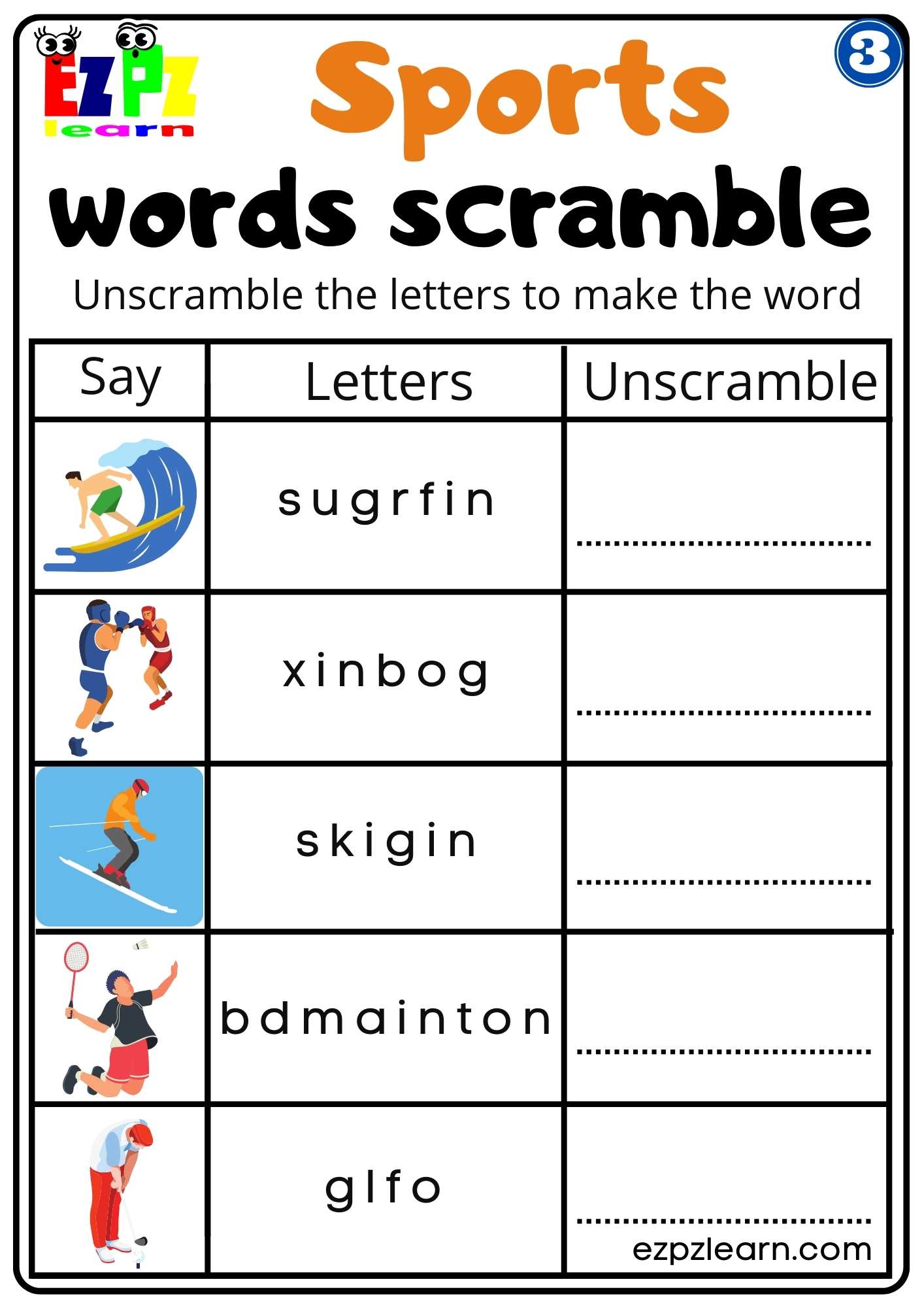 Group 3 Sports Words Scramble Worksheet Kids K5 and ESL Students PDF ...