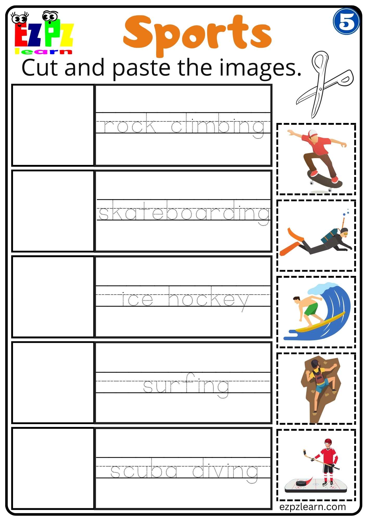 Group 5 Sports Cut and Paste Worksheet for ESL and K5 Students PDF ...