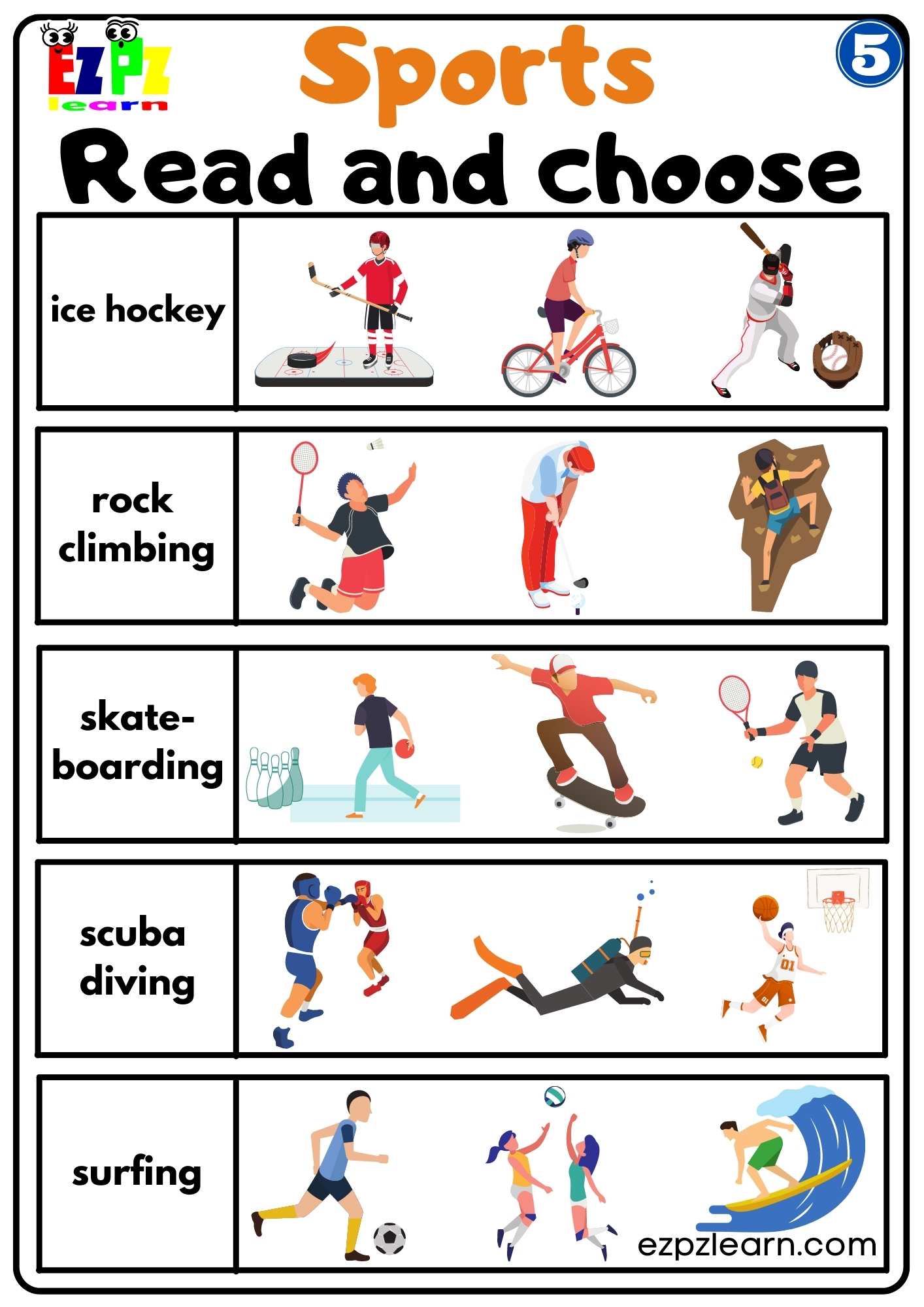 Group 5 Sports Read and Choose Worksheet for ESL and K5 Students PDF ...