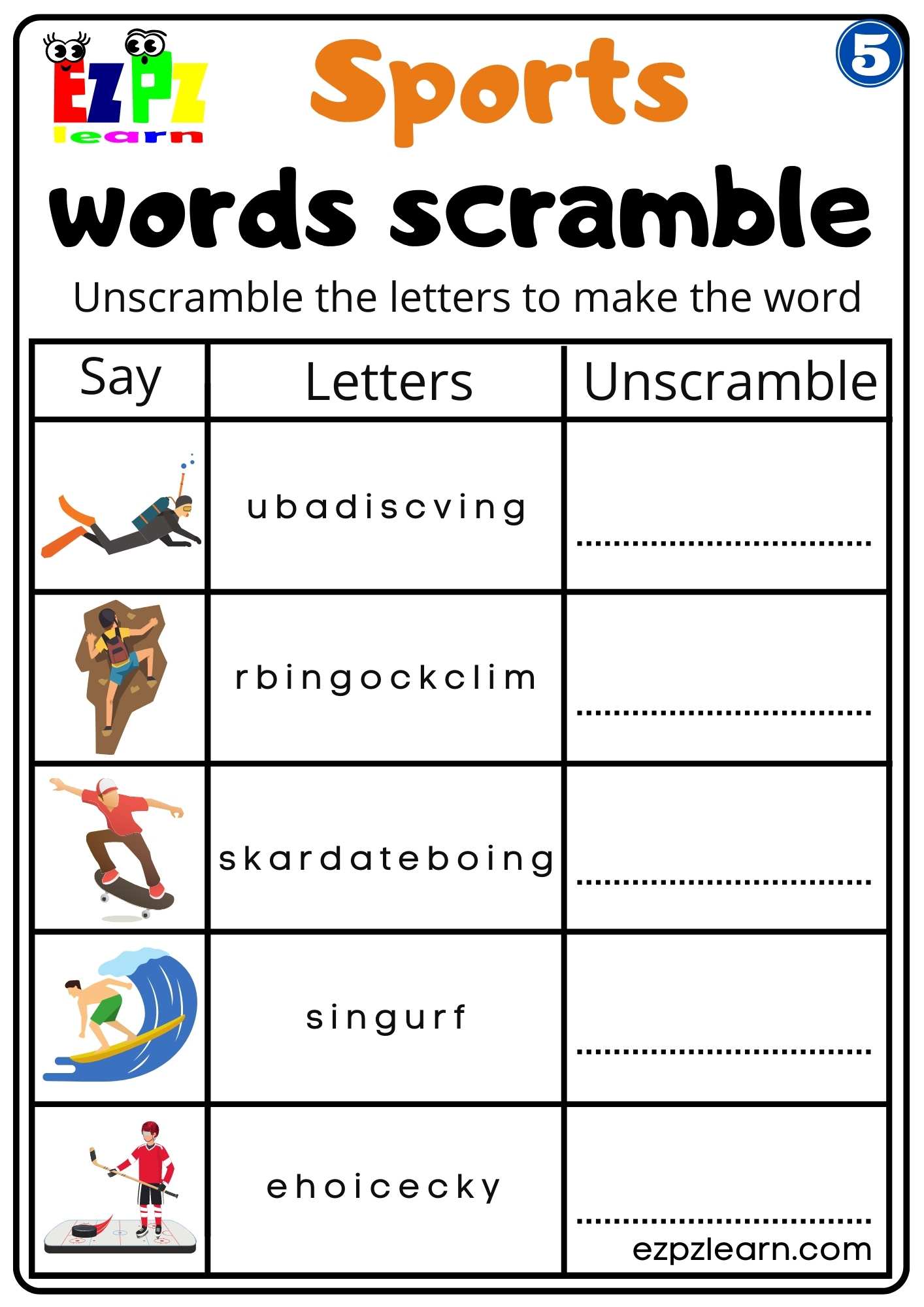 Group 5 Sports Words Scramble Worksheet for ESL and K5 Students PDF ...