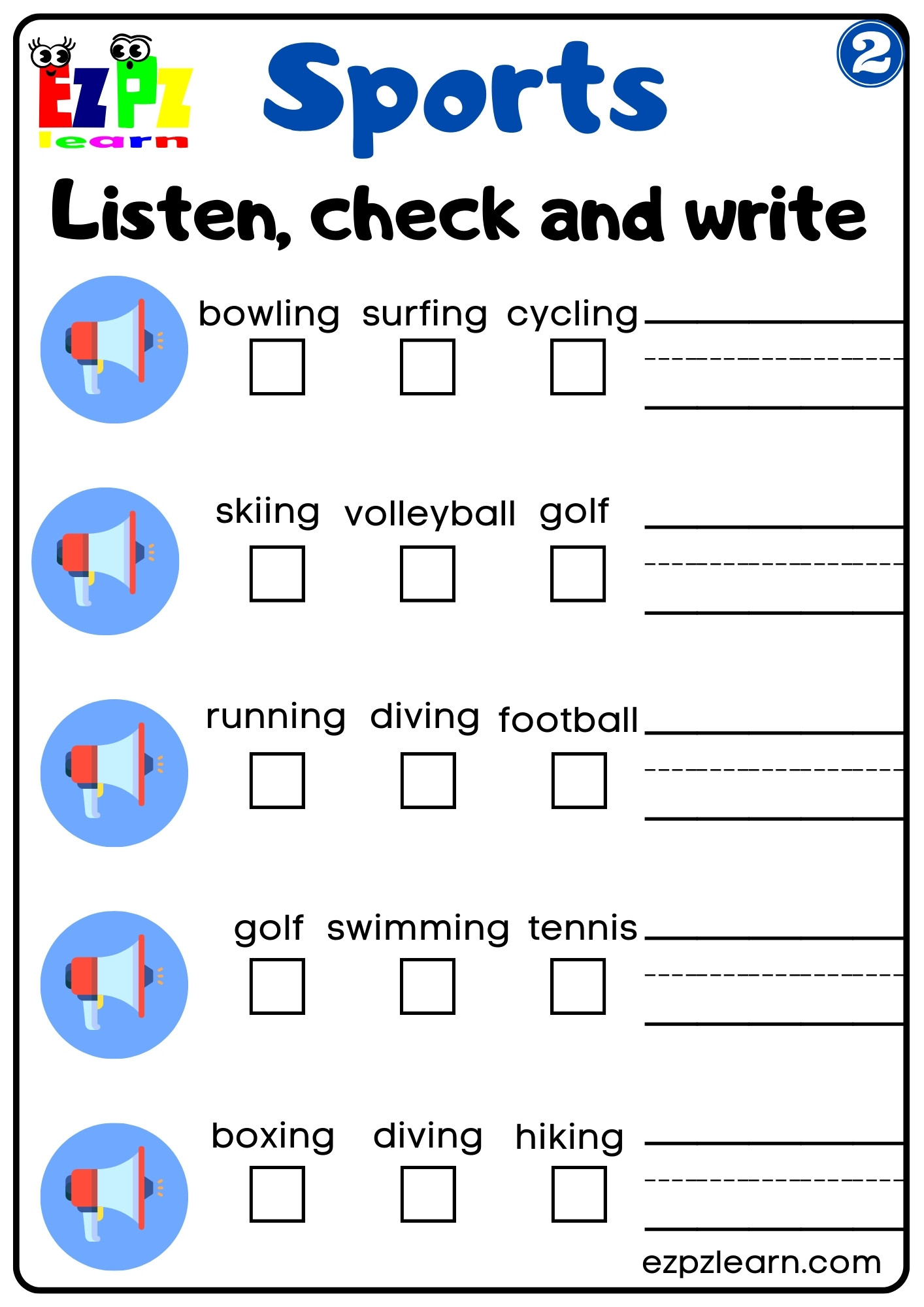 Sports Interactive Worksheet Listen, Check and Write the Words Activity ...