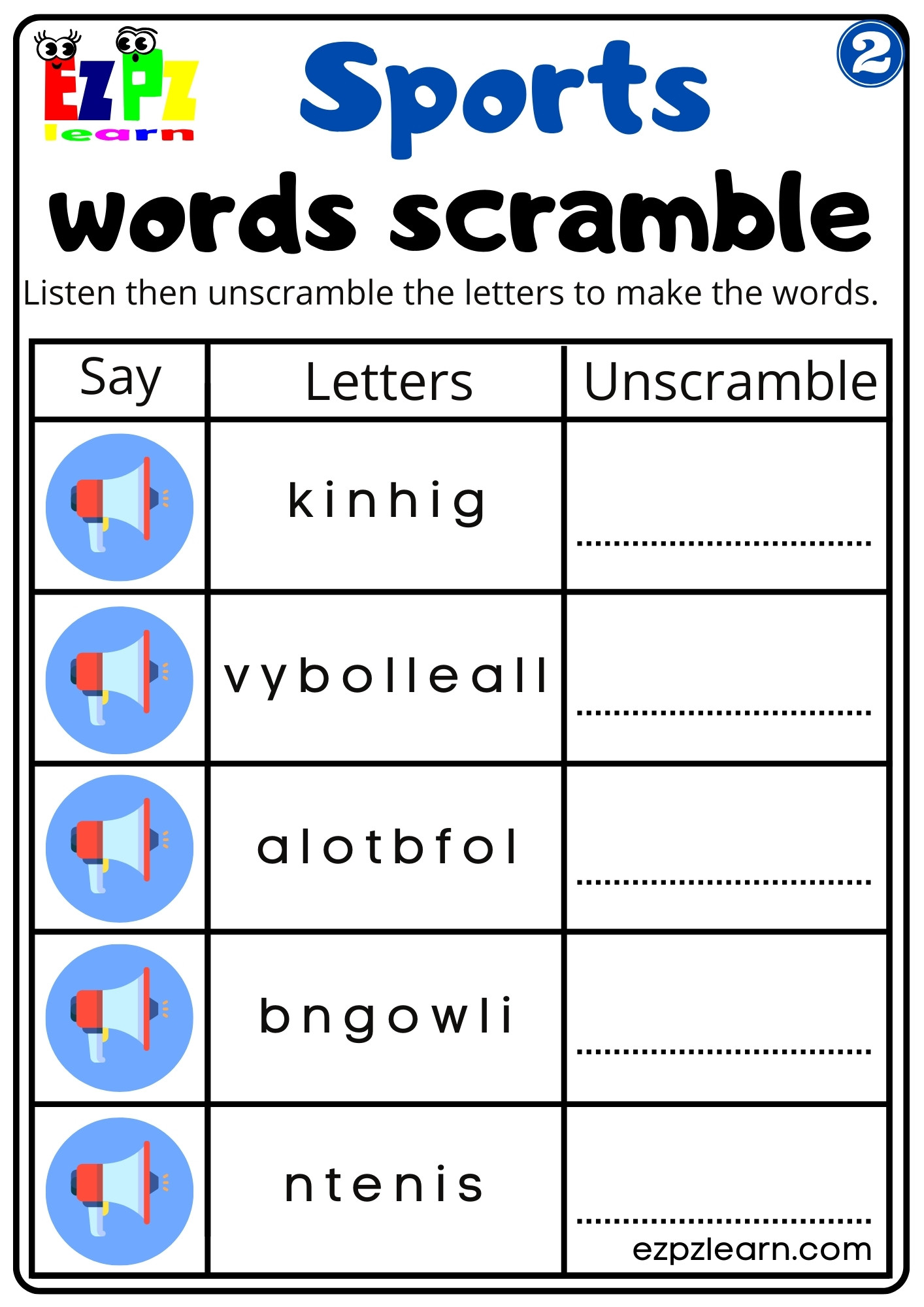 Sports Interactive Worksheet Listen, Unscramble and Write the Words ...