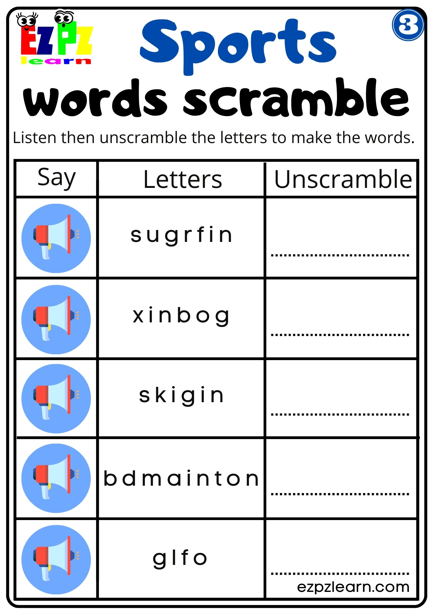 Sports Interactive Worksheet Listen, Unscramble and Write the Words ...