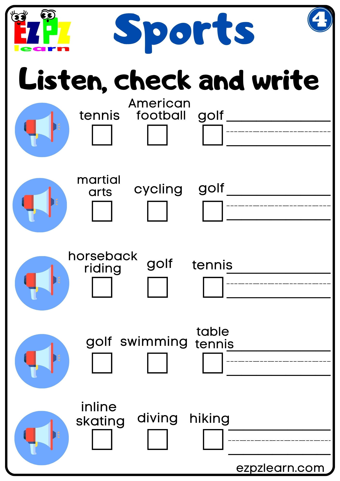 Sports Interactive Worksheet Listen, Check and Write the Words Activity ...