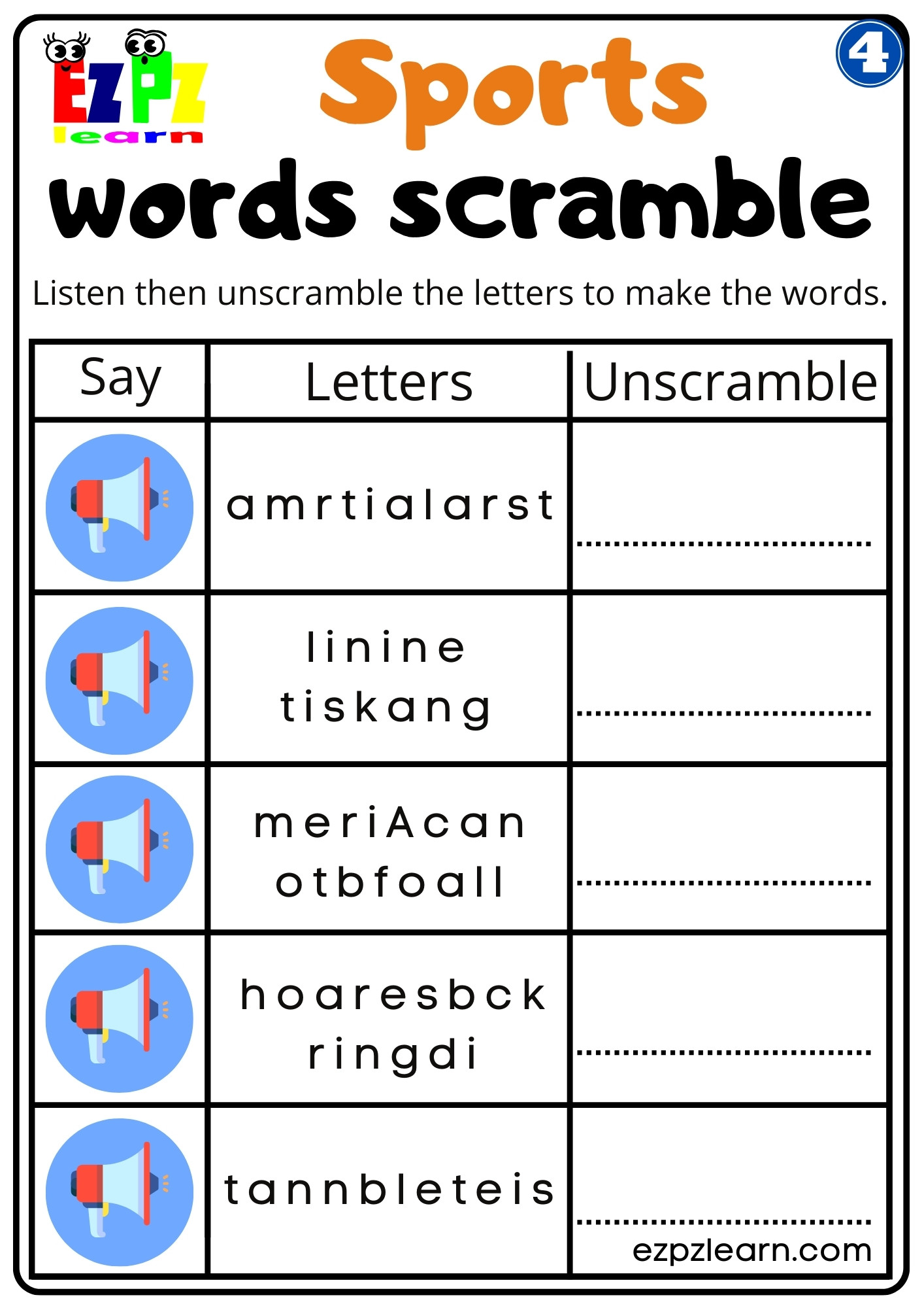 Sports Interactive Worksheet Listen, Unscramble and Write the Words ...
