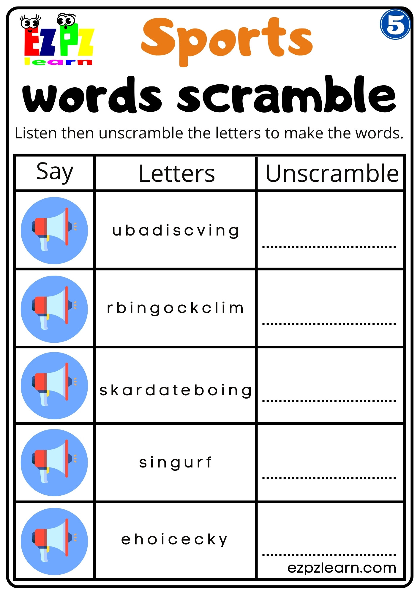 Sports Interactive Worksheet Listen, Unscramble and Write the Words ...