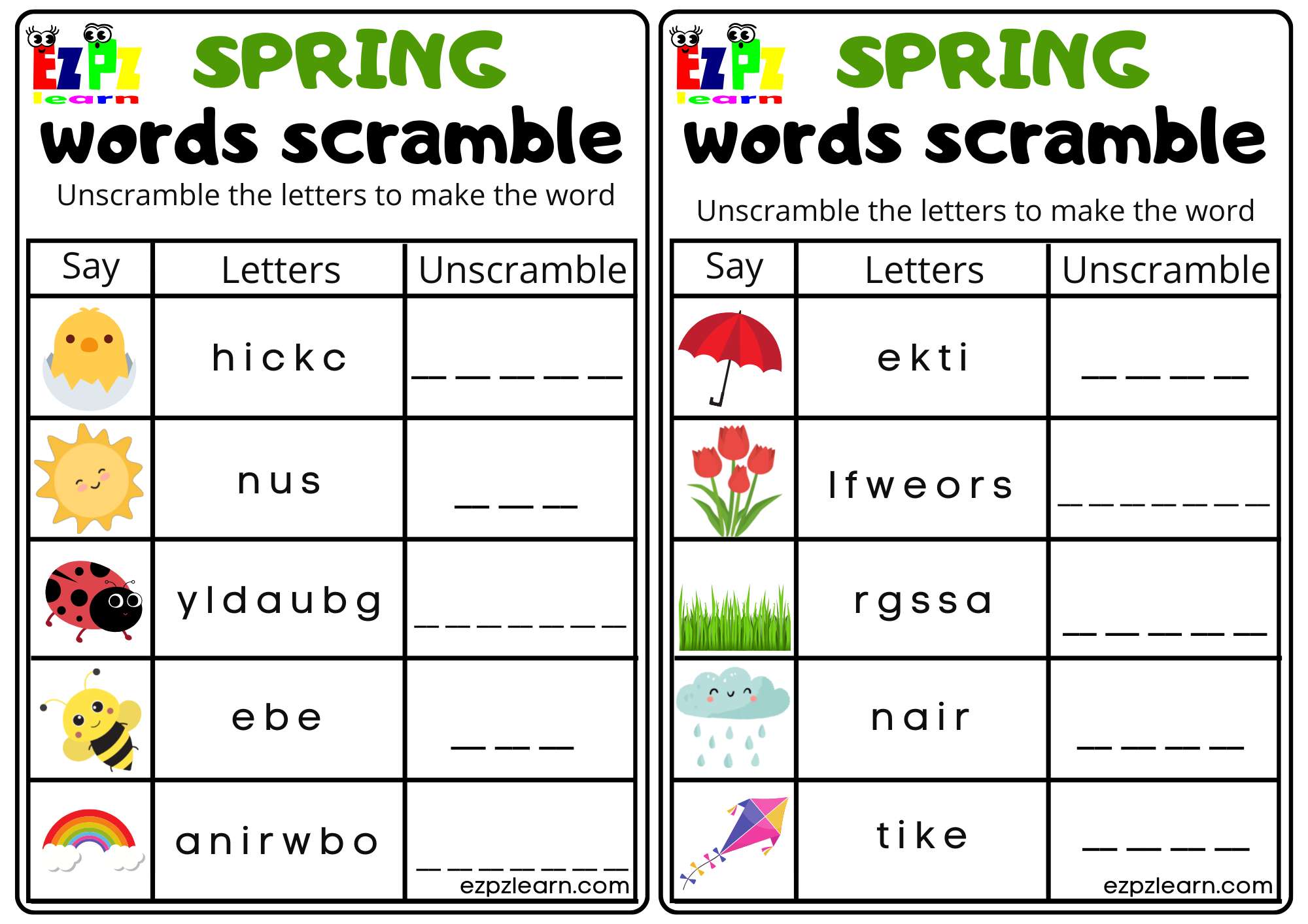 Word Scramble Worksheet Spring Season PDF Download - Ezpzlearn.com