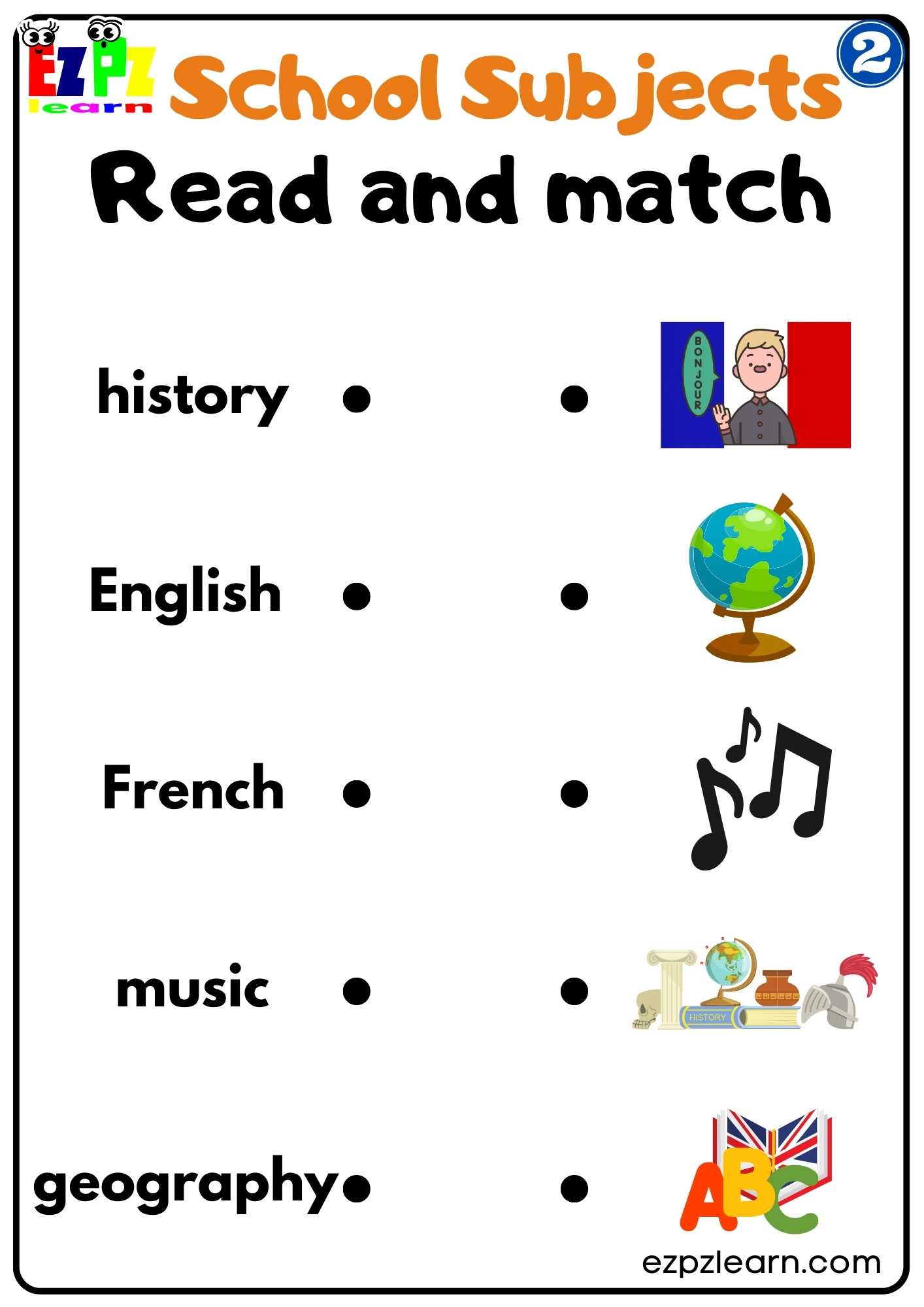 Group2 School Subjects Read and Match Worksheet for Homeschool and ESL ...