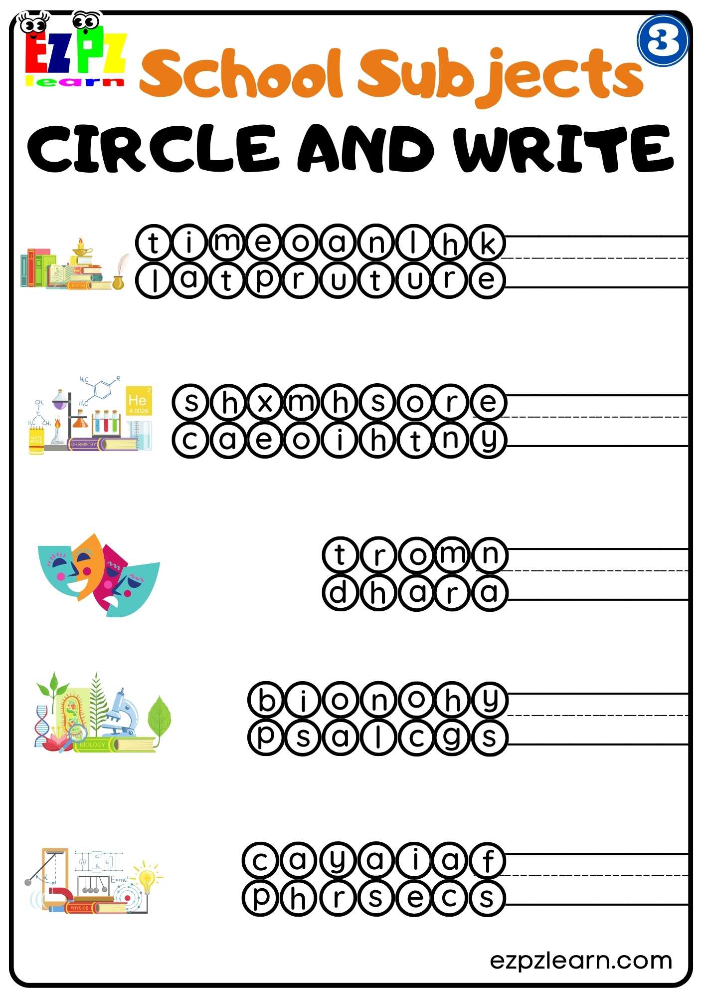 Group3 School Subjects Circle and Write Worksheet for ESL Students and ...