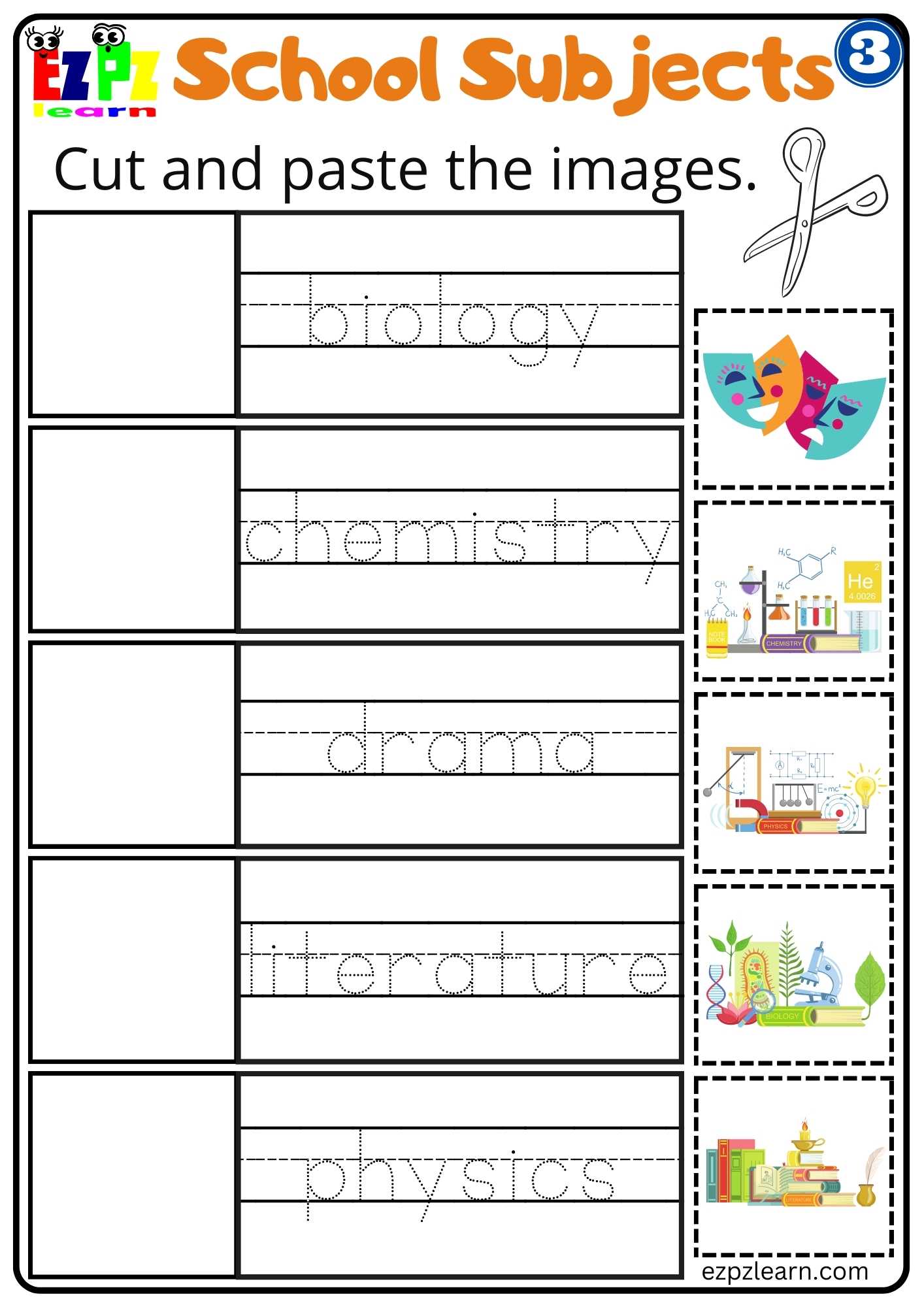 Group3 School Subjects Cut and Paste Worksheet for ESL Students and K5 ...