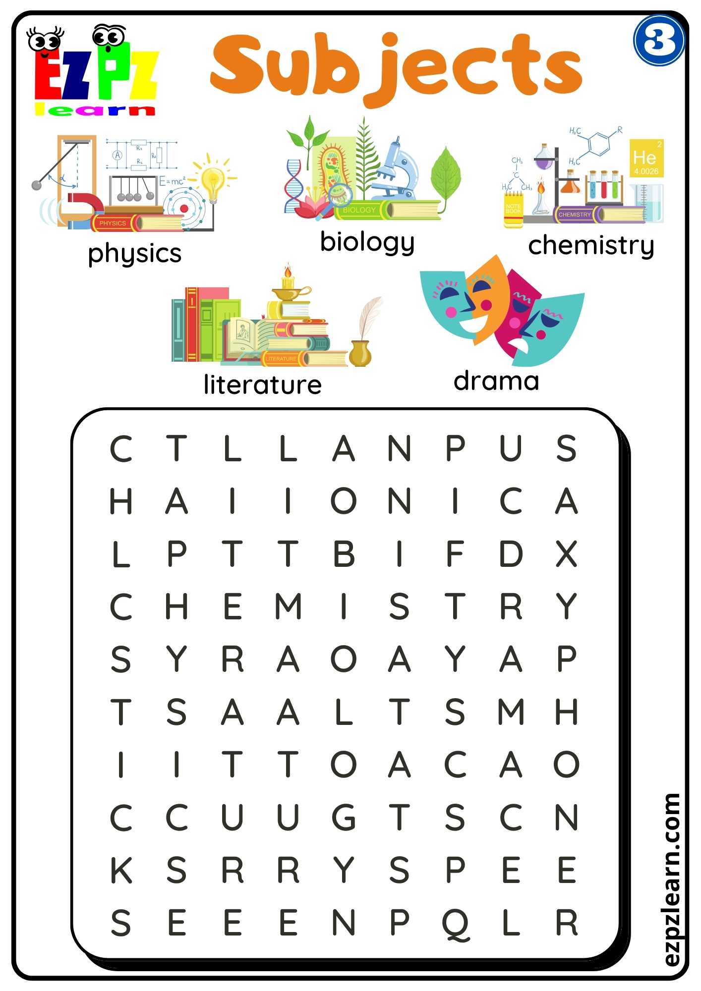 Group3 School Subjects Word Search Worksheet for ESL Students and K5 ...