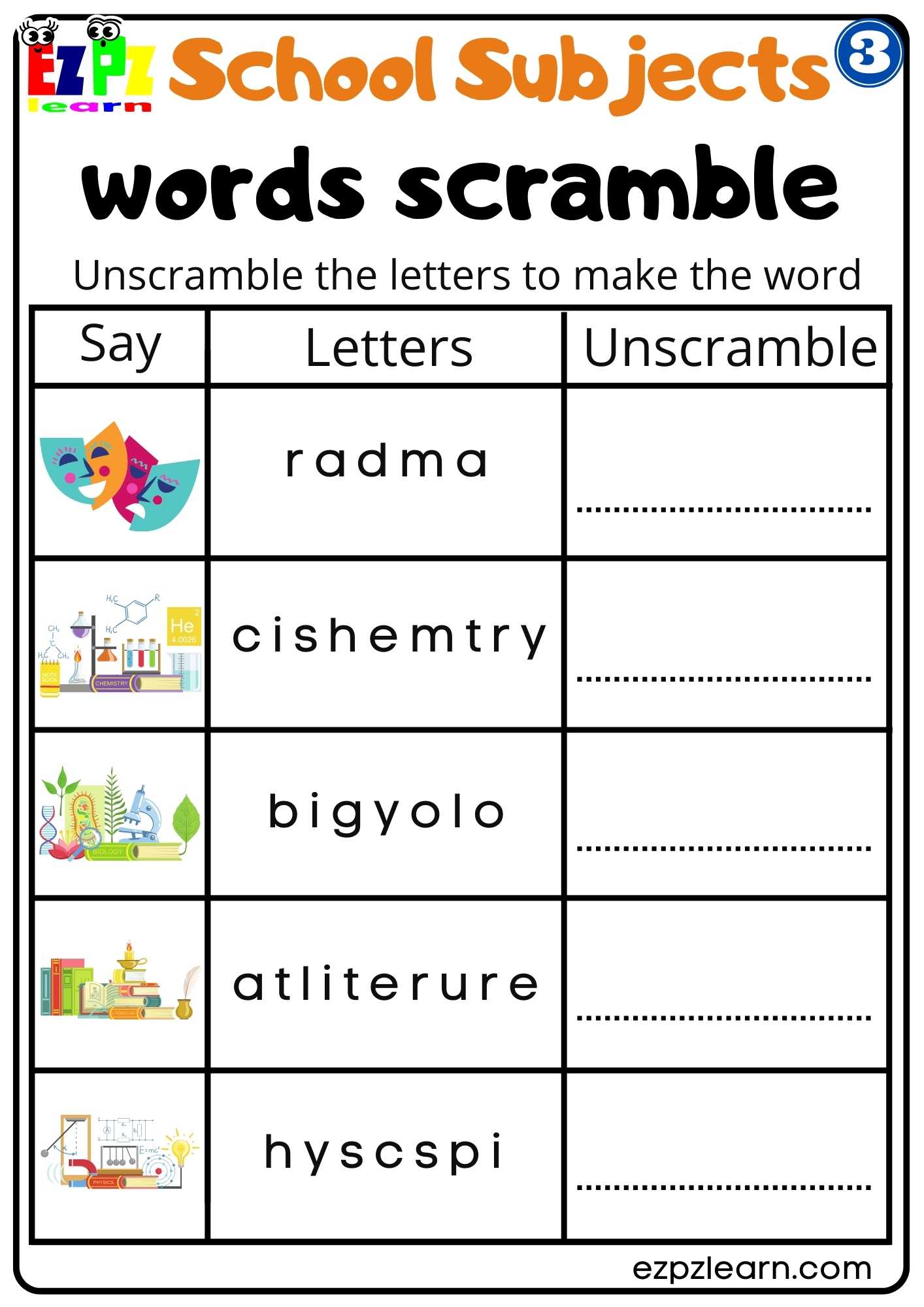 Group3 School Subjects Words Scramble Worksheet for ESL Students and K5 ...
