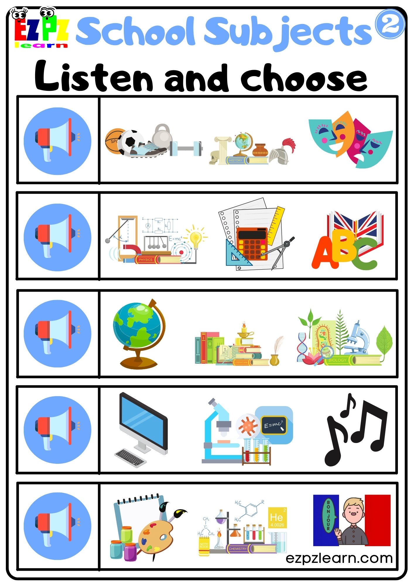 School Subjects Interactive Worksheet Listen and Choose the Correct ...