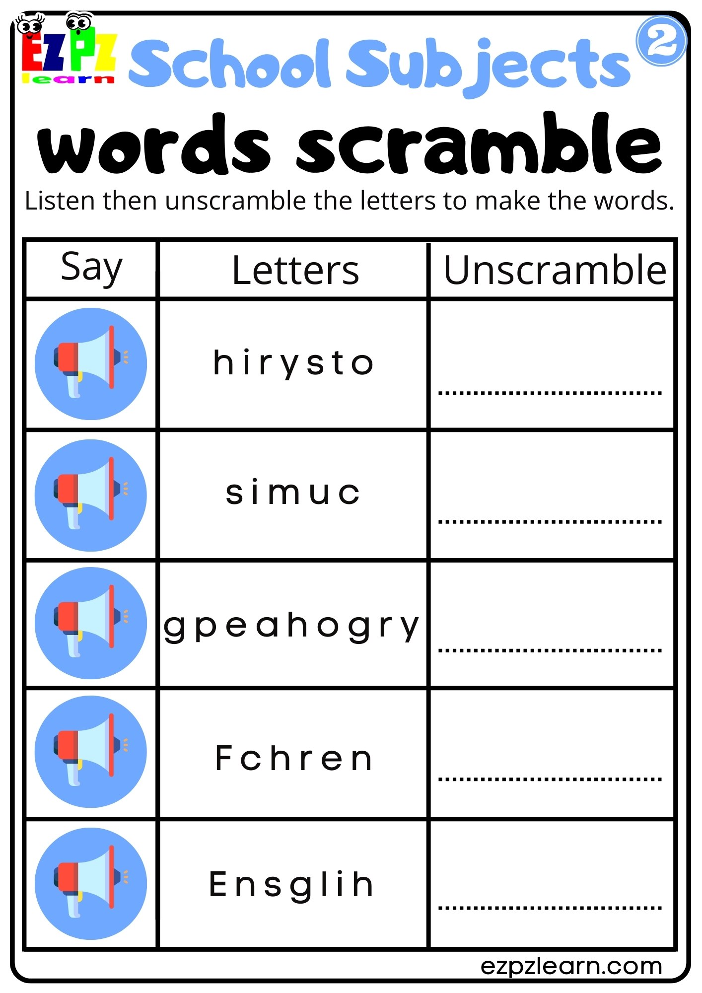 School Subjects Interactive Worksheet Listen, Unscramble and Write the ...