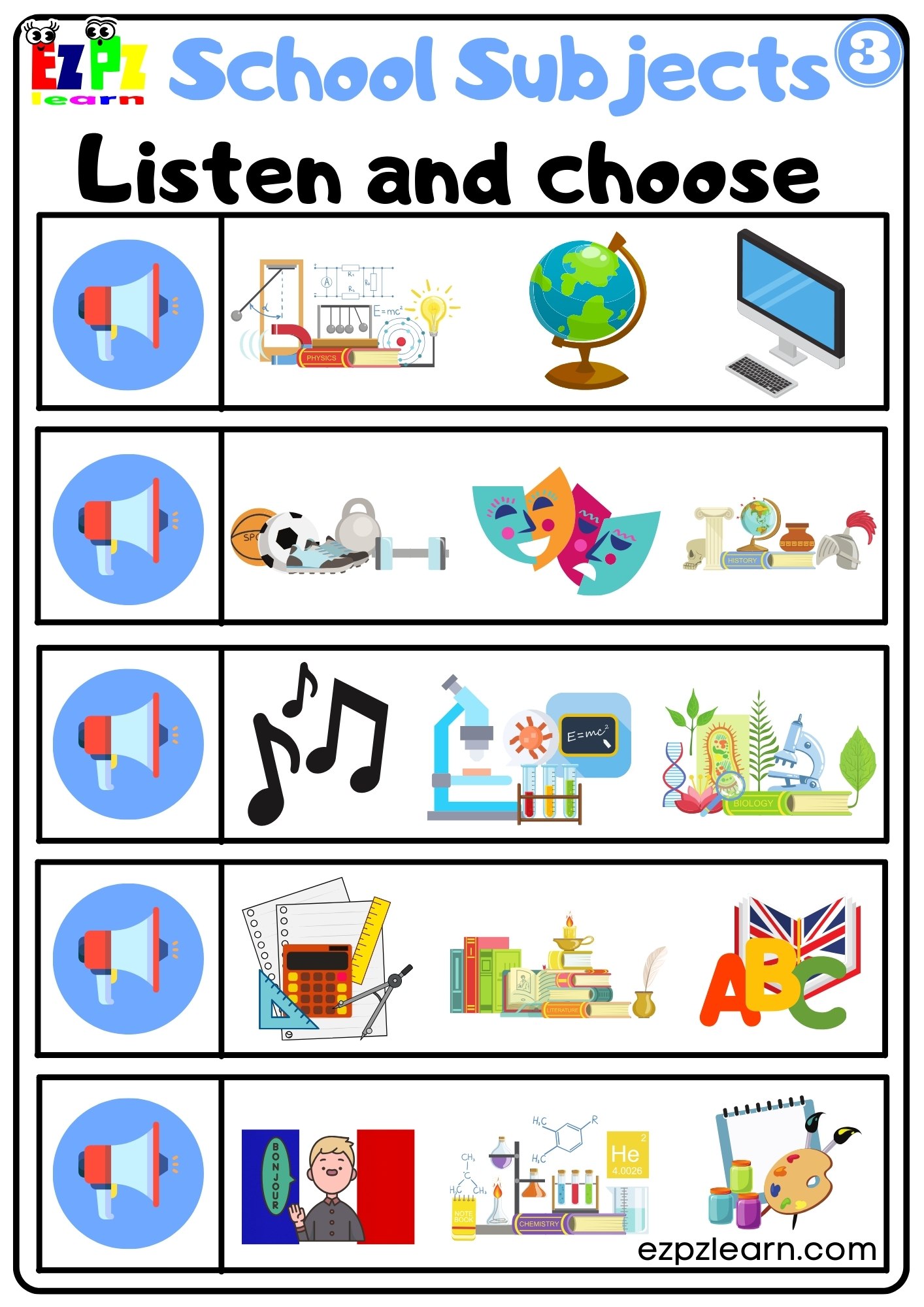 School Subjects Interactive Worksheet Listen and Choose the Correct ...