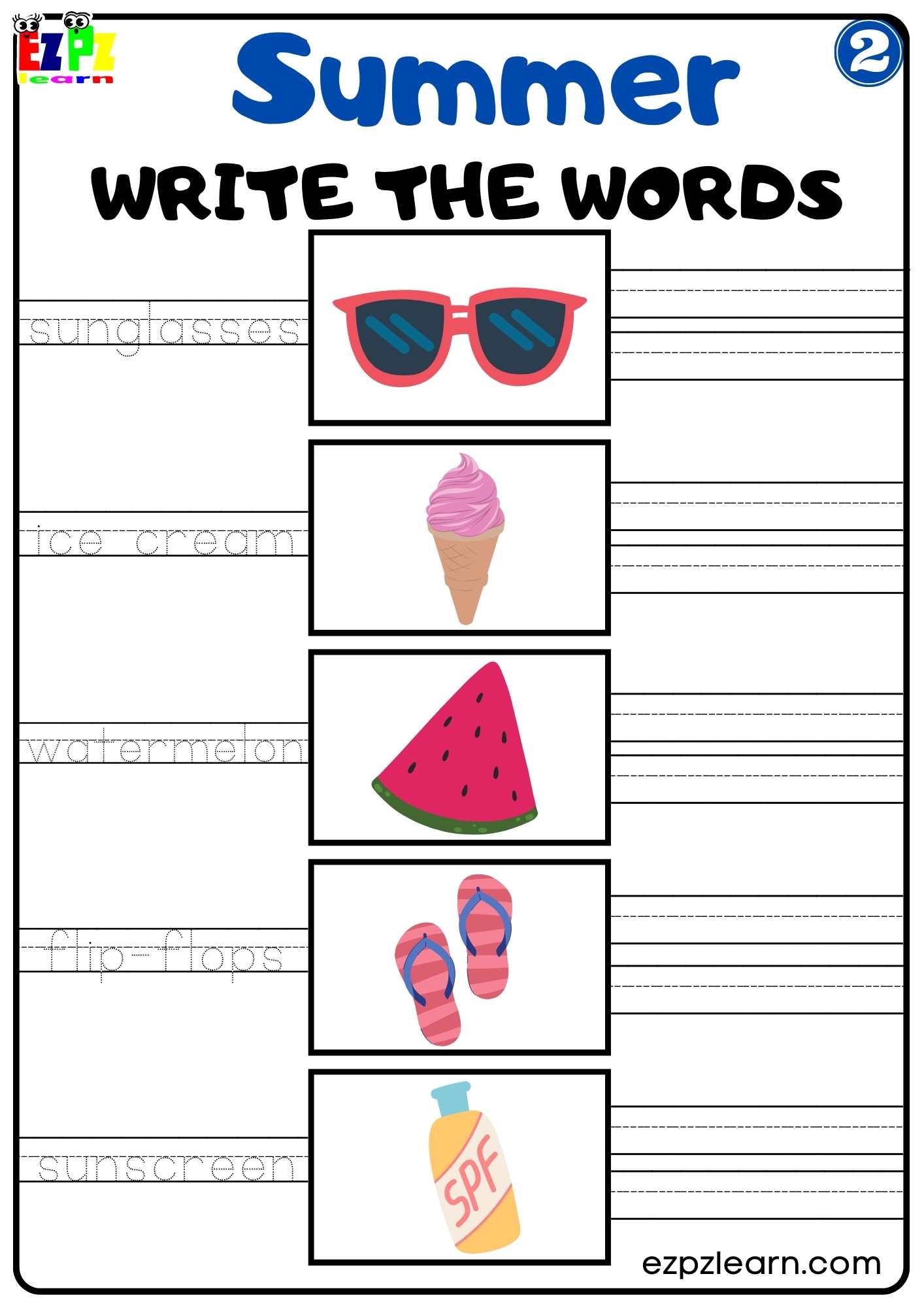 Summer Write the Words activity for kids set 2 - Ezpzlearn.com