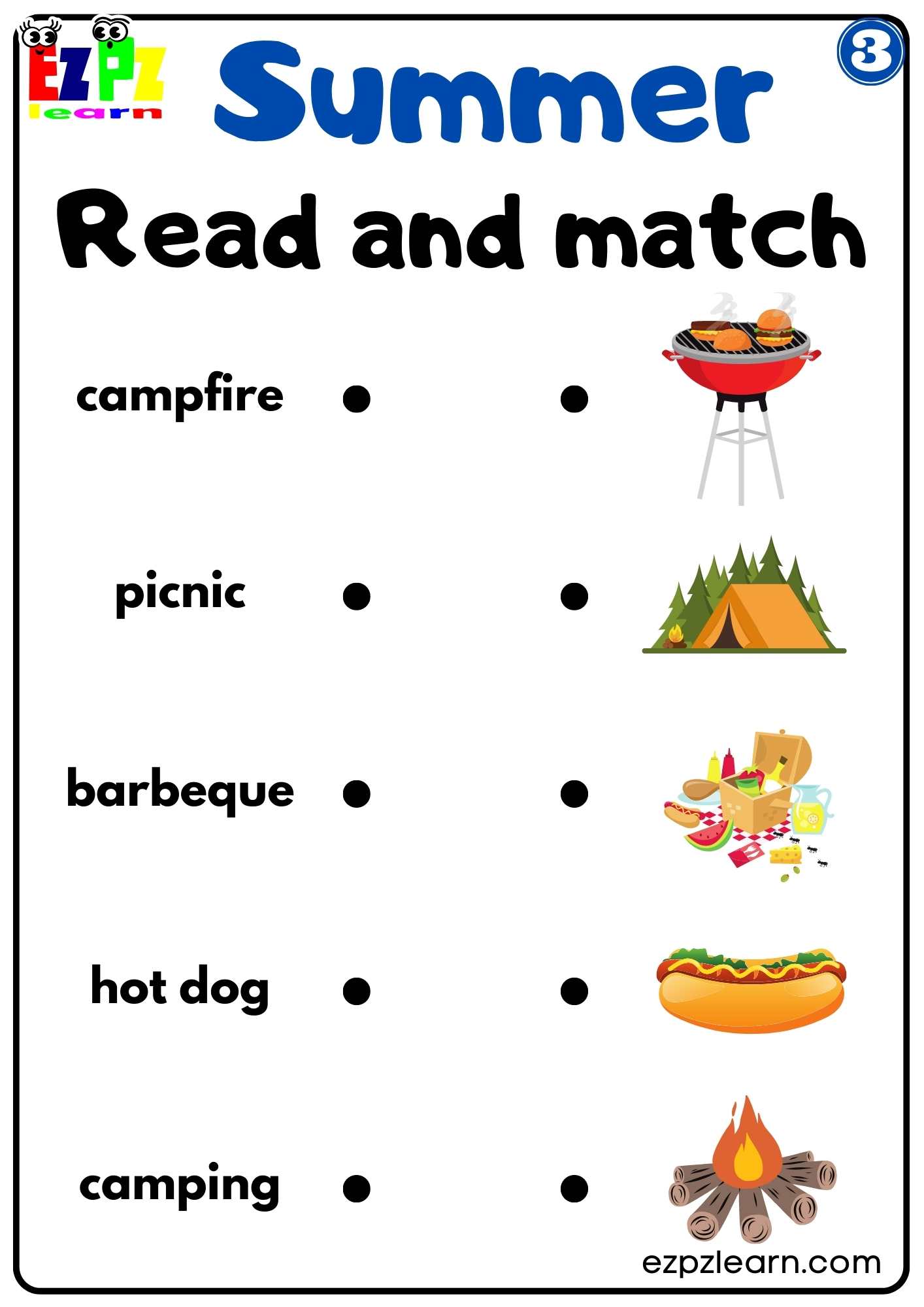 Summer and Beach Read and Match activity for kids set 3 - Ezpzlearn.com