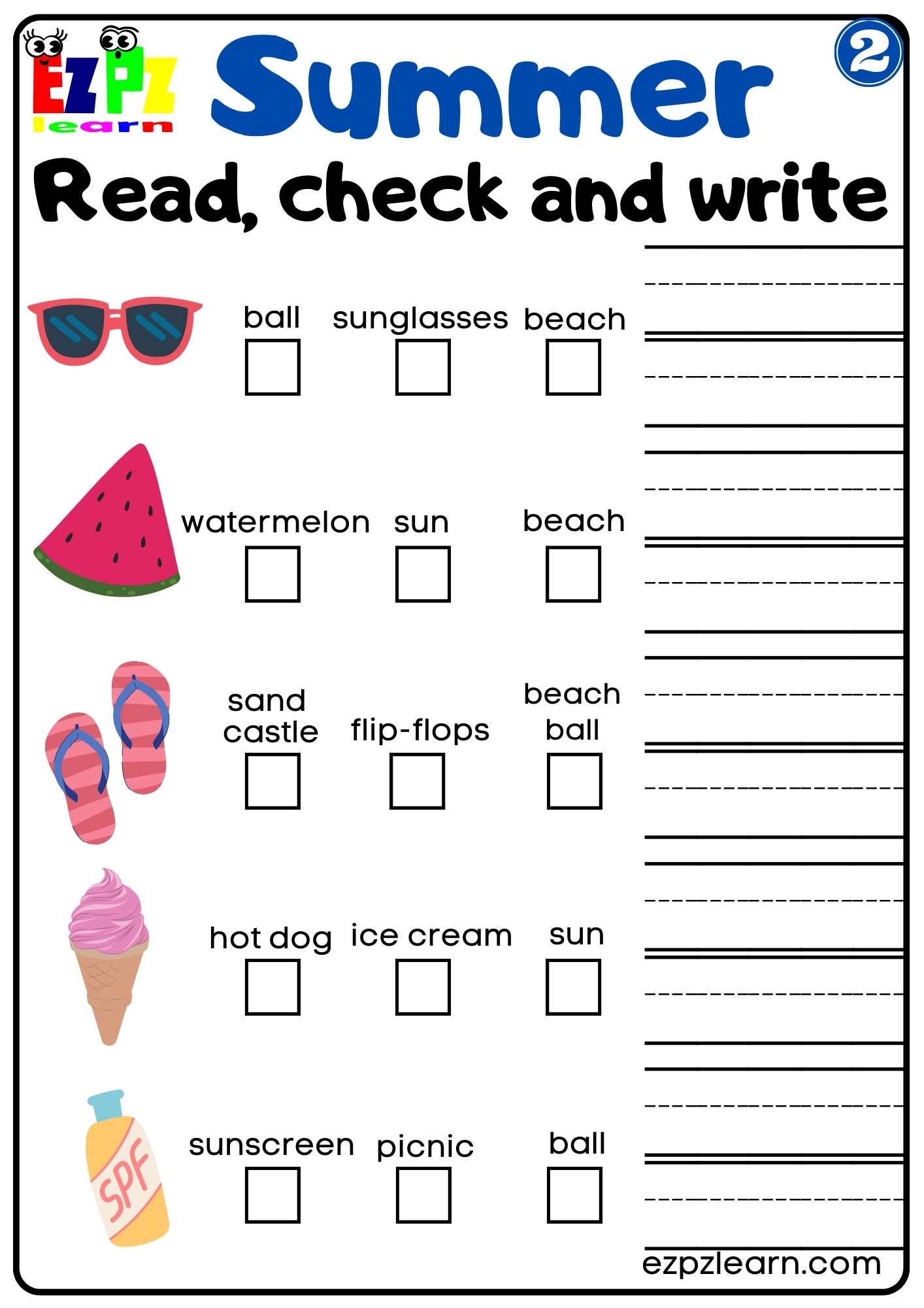 Summer Read Check and Write activity for kids set 2 - Ezpzlearn.com