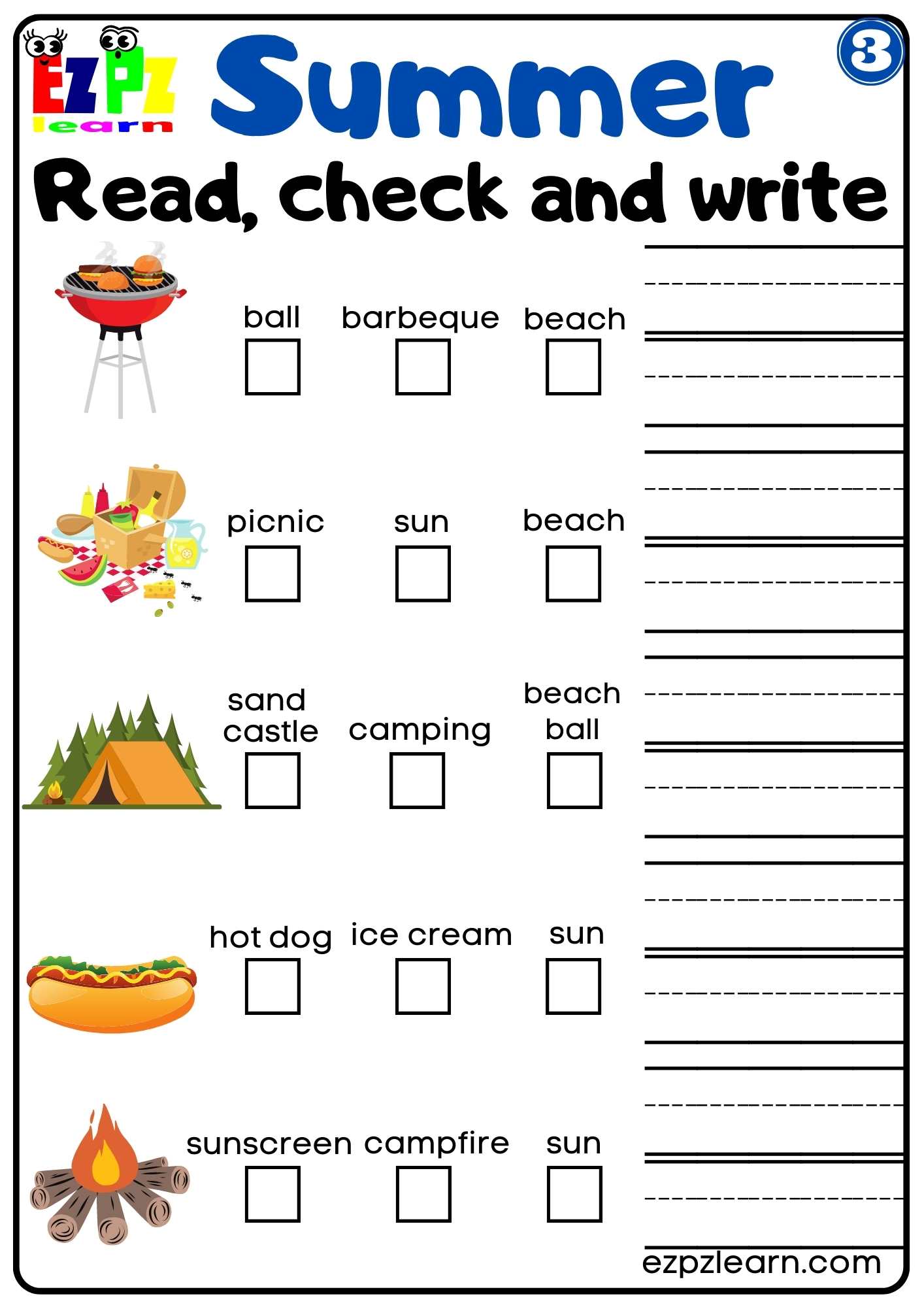 Summer and Beach Read Check and Write activity for kids set 3 ...