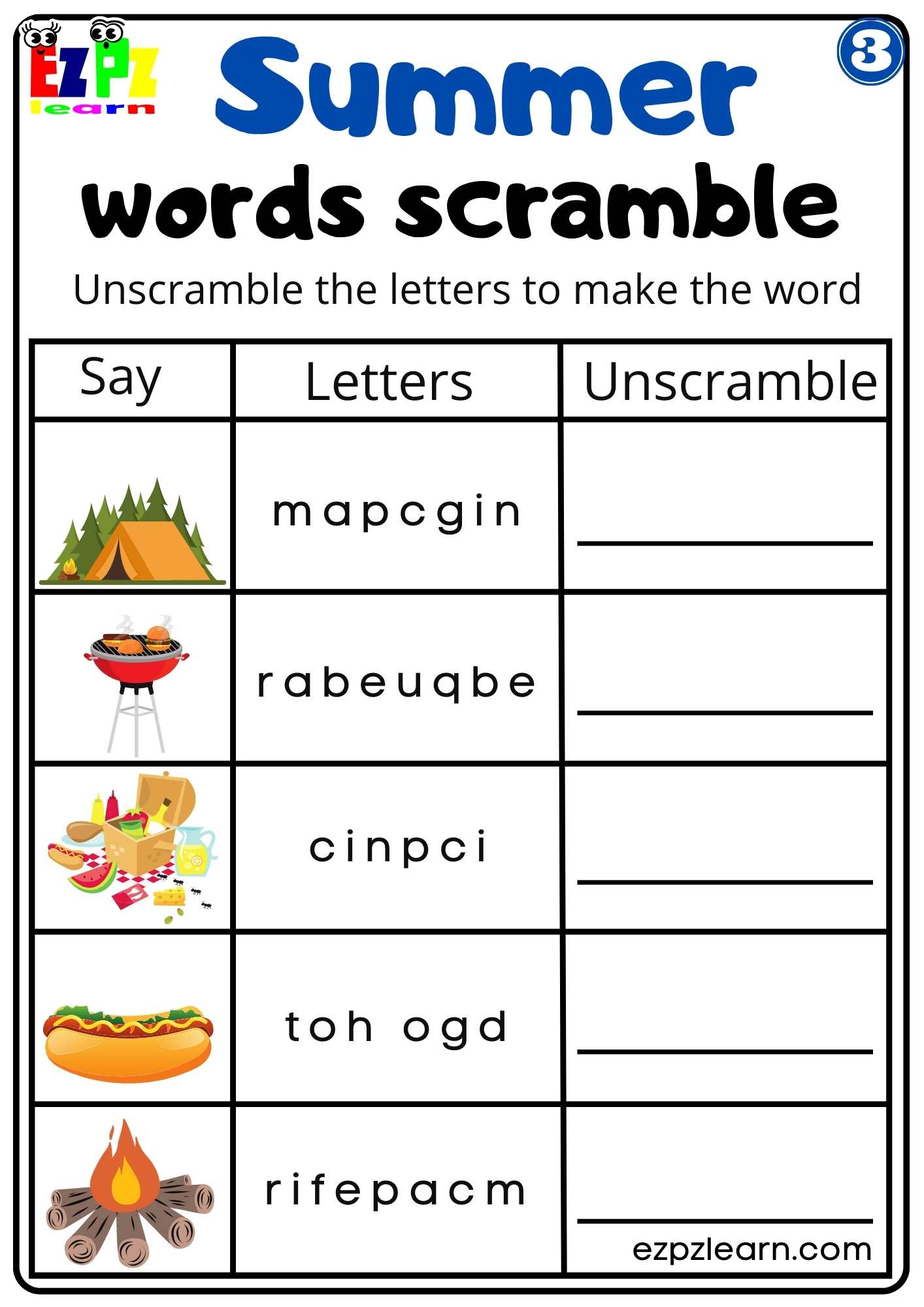 Summer and Beach Word Scramble activity for kids set 3 - Ezpzlearn.com