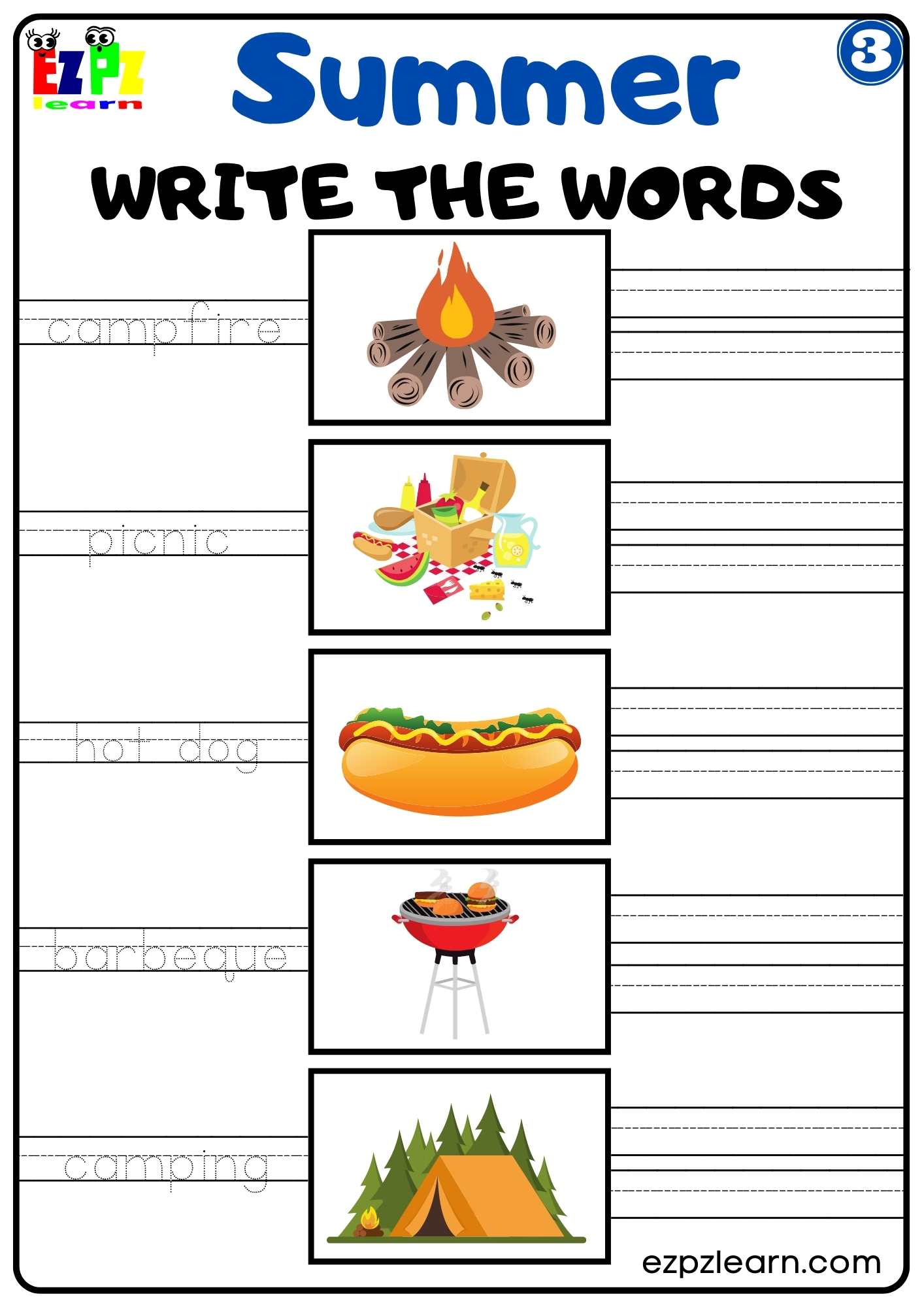 Summer and Beach Write the Words activity for kids set 3 - Ezpzlearn.com