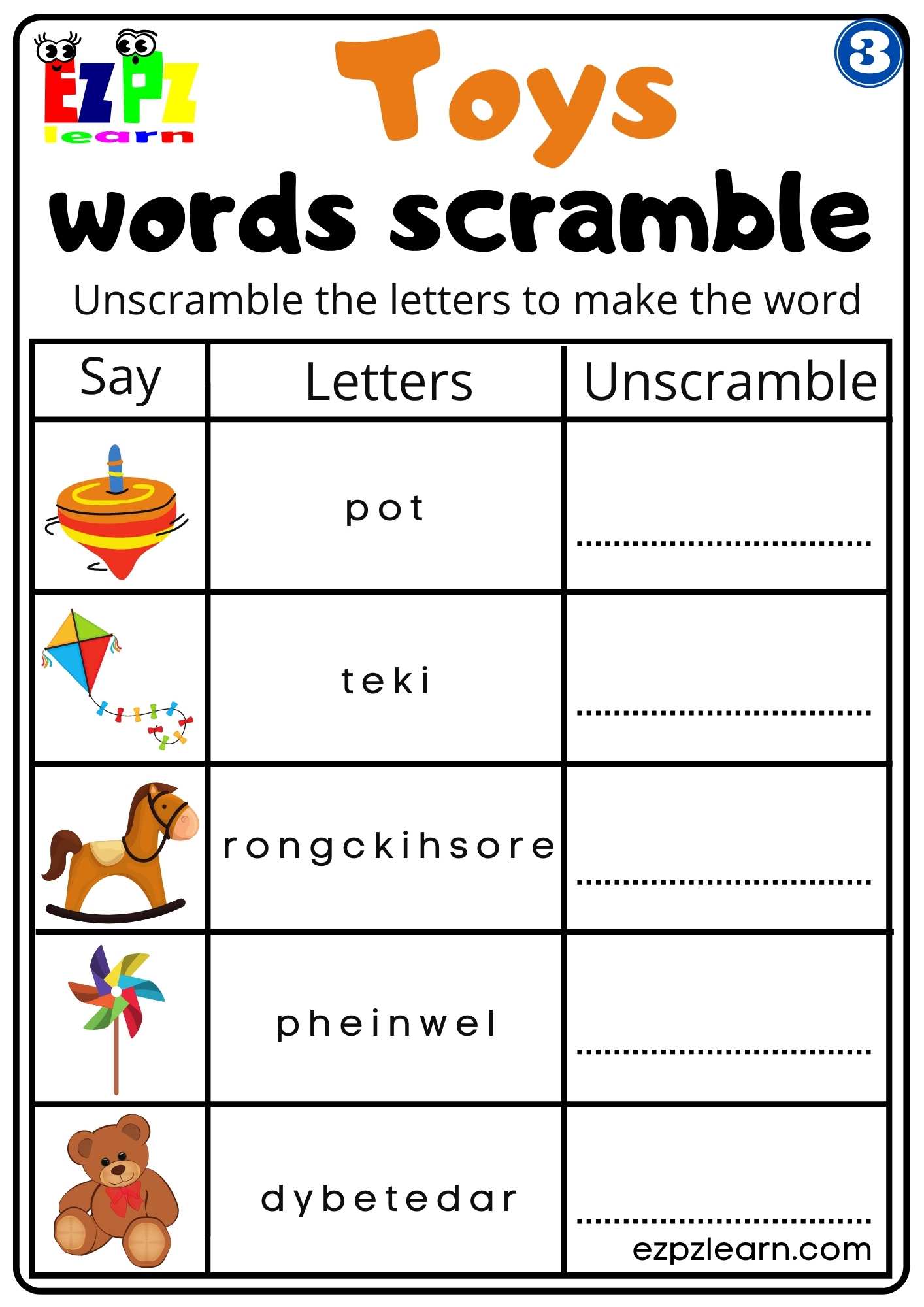 Group 3 Toys Vocabulary Words Scramble Worksheet for Homeschool K5 and ...