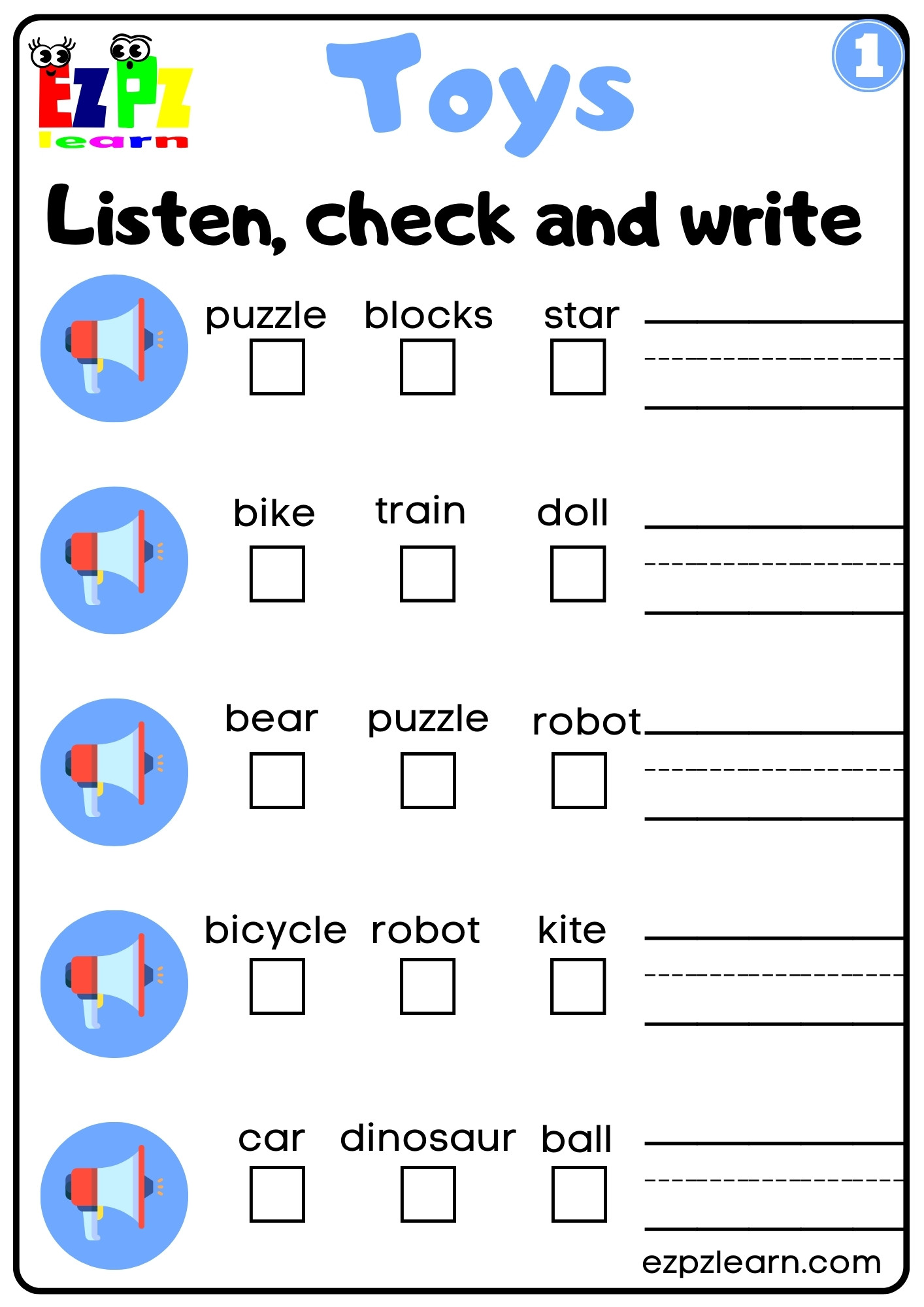 Toys Vocabulary Interactive Worksheet Listen, Check and Write the Words ...