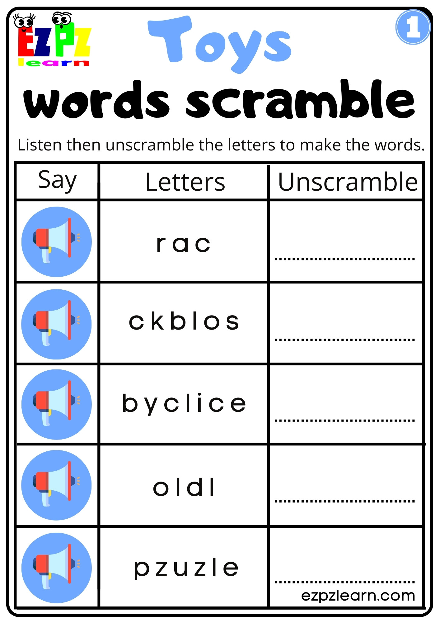 Toys Vocabulary Interactive Worksheet Listen, Unscramble and Write the ...