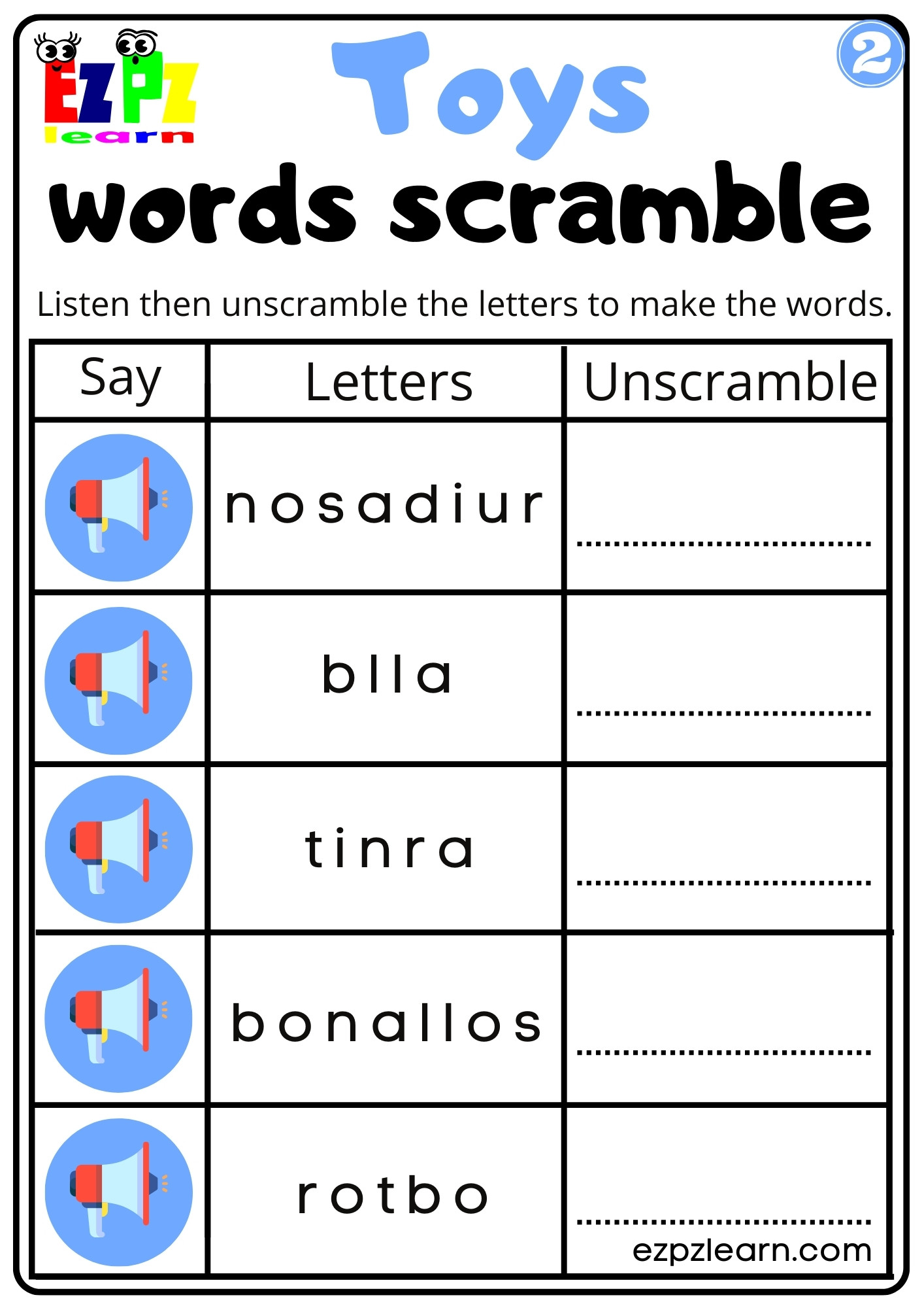 Toys Vocabulary Interactive Worksheet Listen, Unscramble and Write the ...