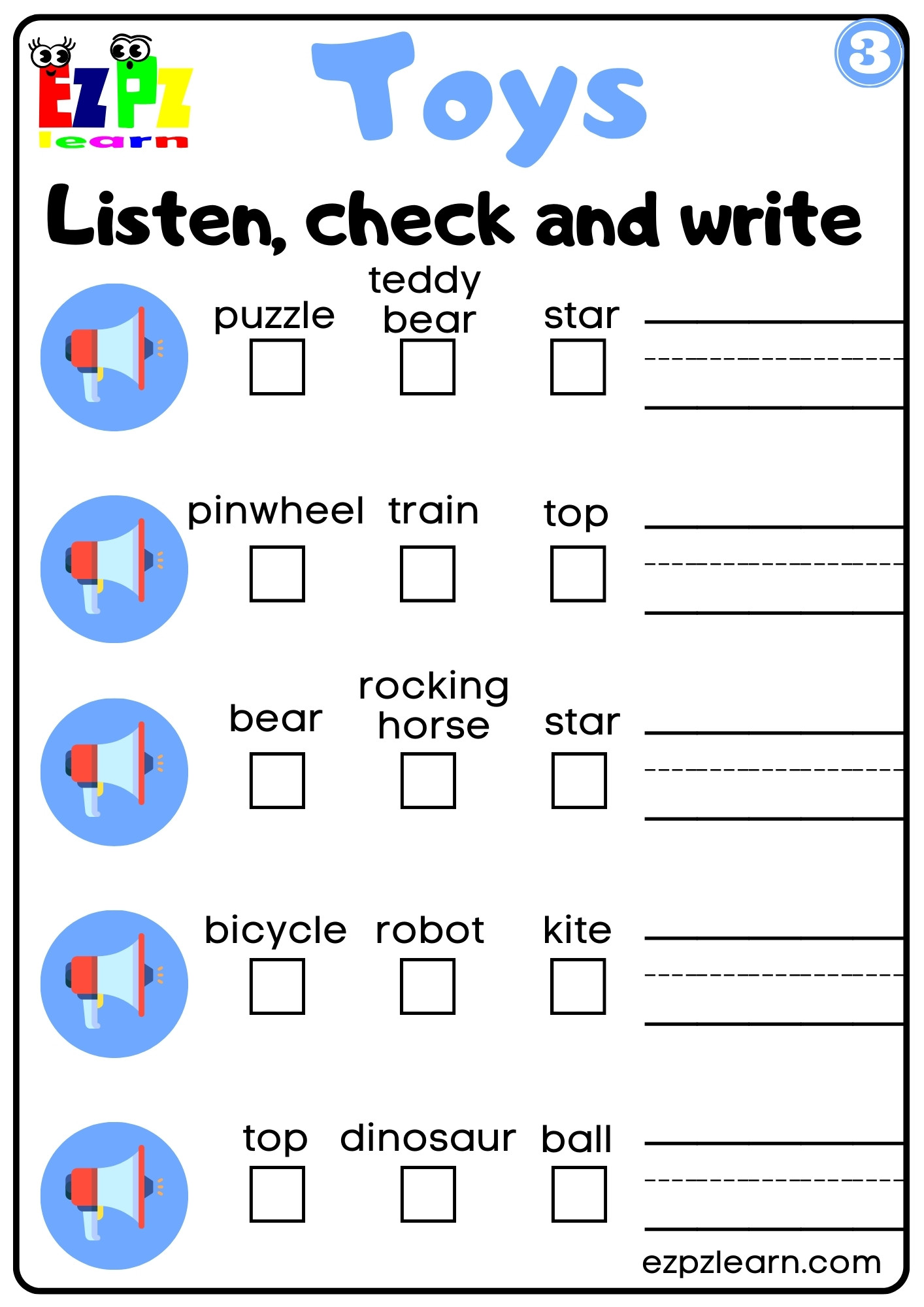 Toys Vocabulary Interactive Worksheet Listen, Check and Write the Words ...