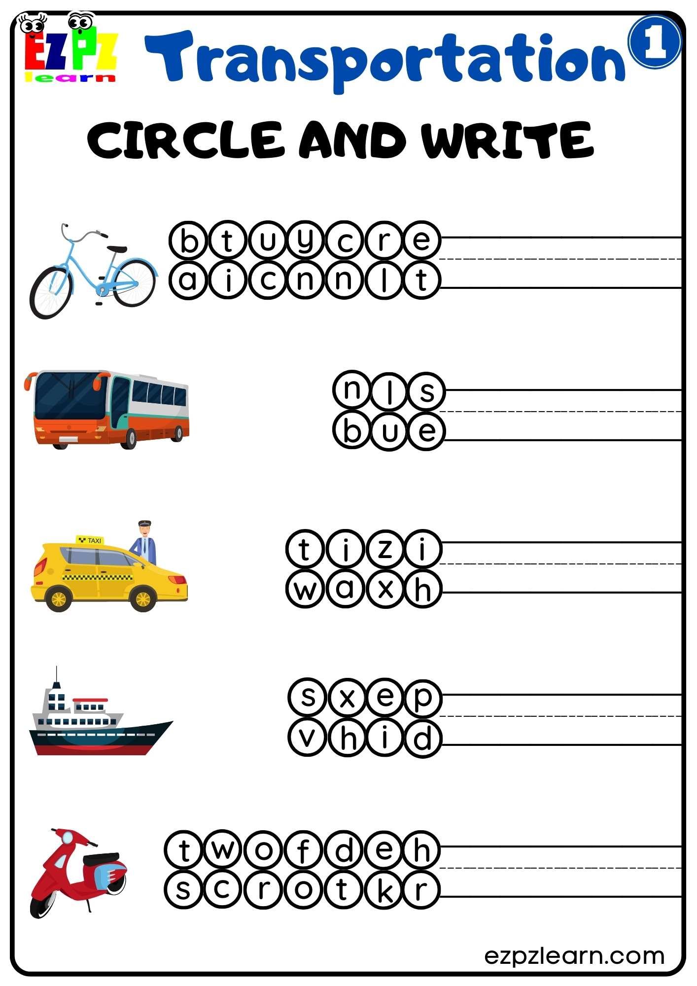Transportation Vocabulary Circle and Write Worksheet Easy for Kids Free ...