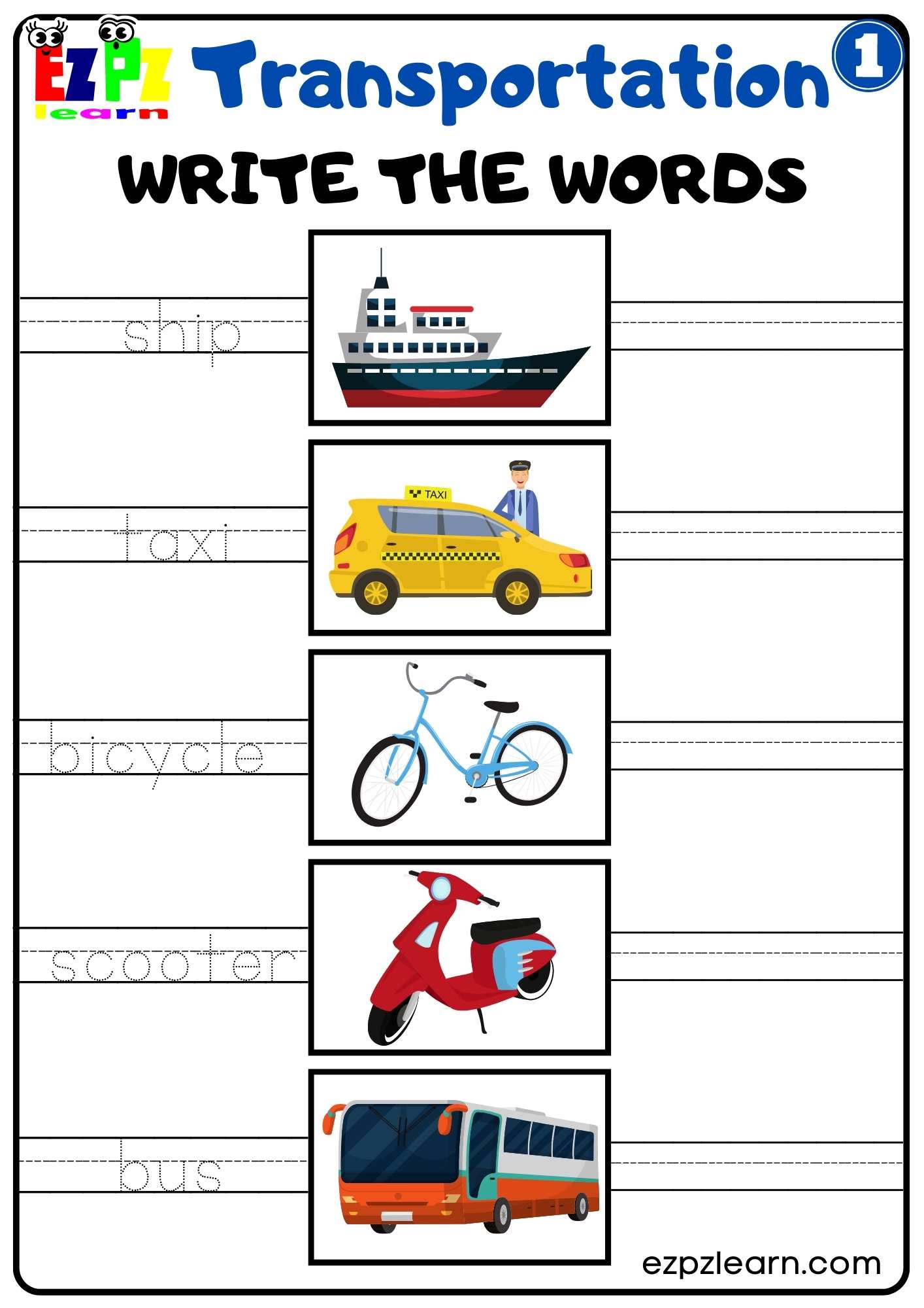 Transportation Vocabulary Write the Words Worksheet Easy for Kids Free ...
