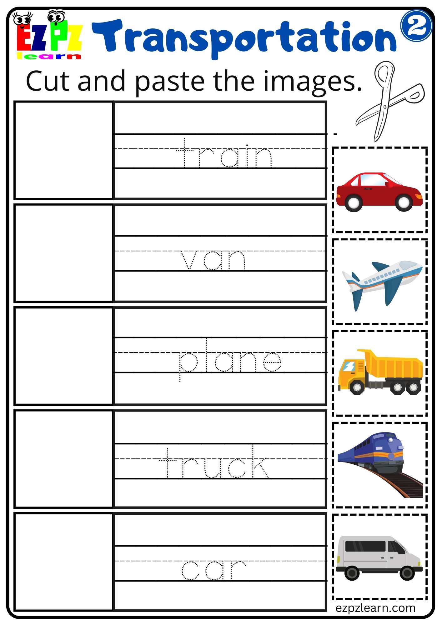 Transportation Vocabulary Cut and Paste Easy Worksheet for Children and ...