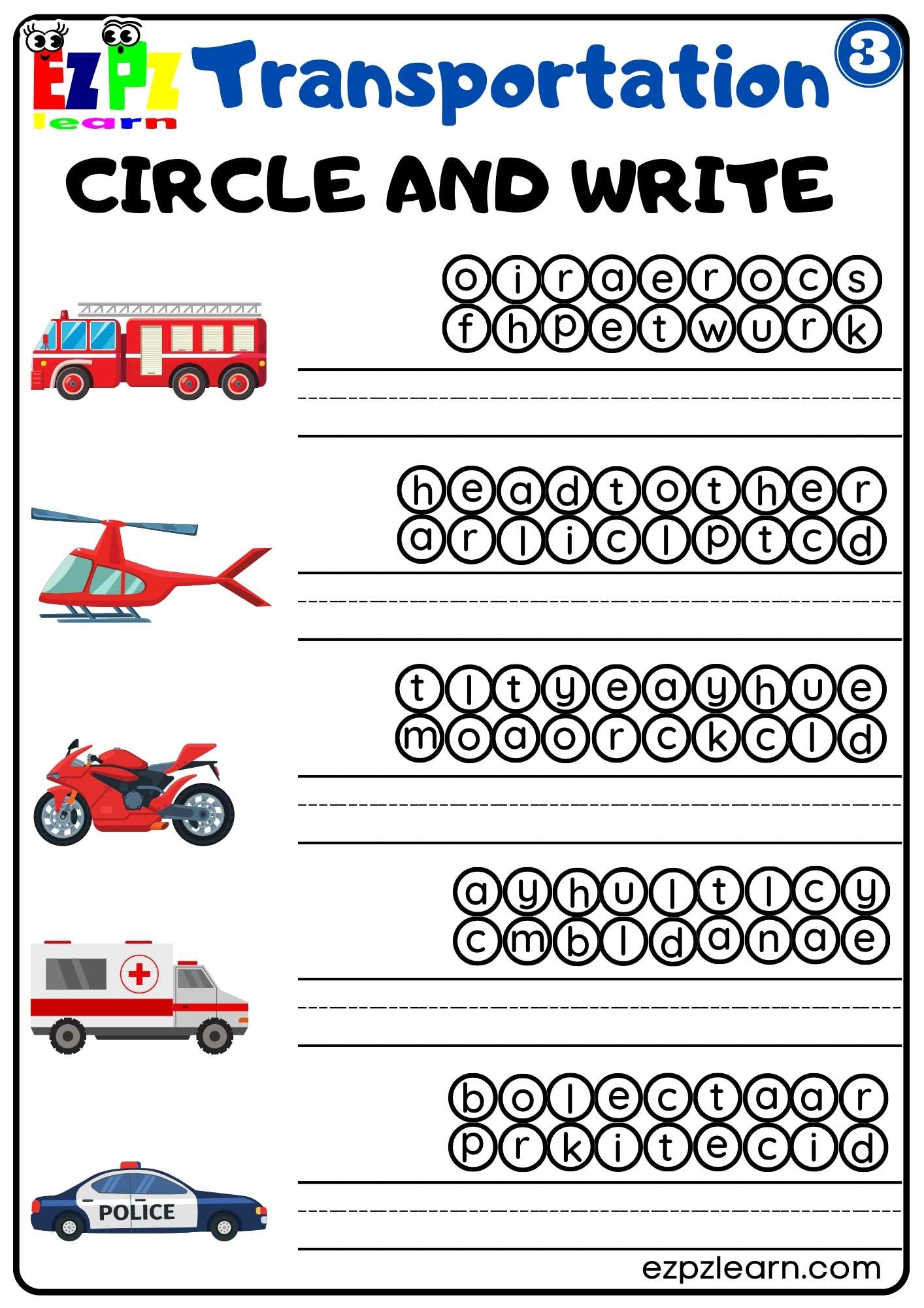 Transportation Vocabulary Circle and Write Easy Worksheet for K5 and ...