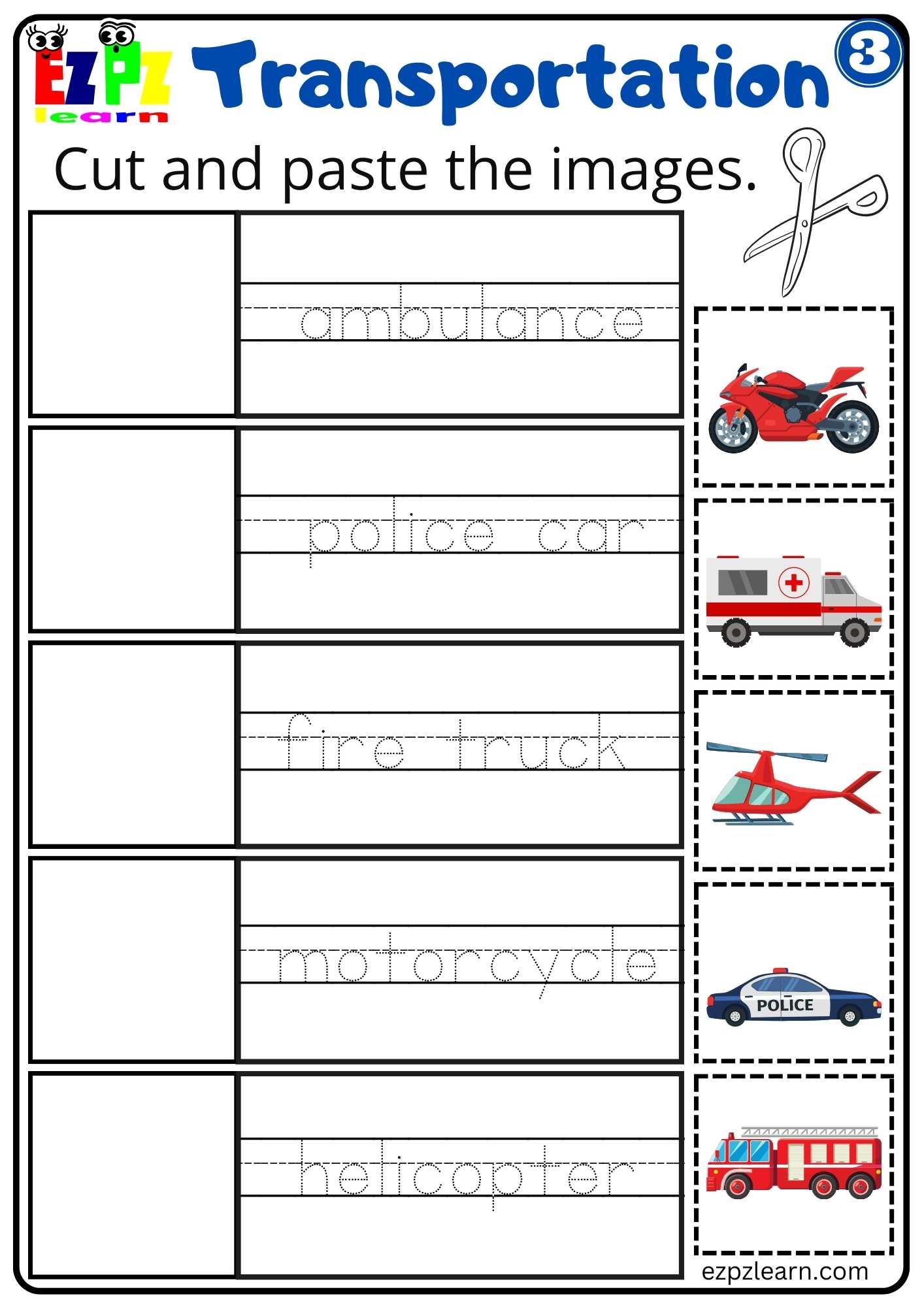 Transportation Vocabulary Cut and Paste Easy Worksheet for K5 and ESL ...