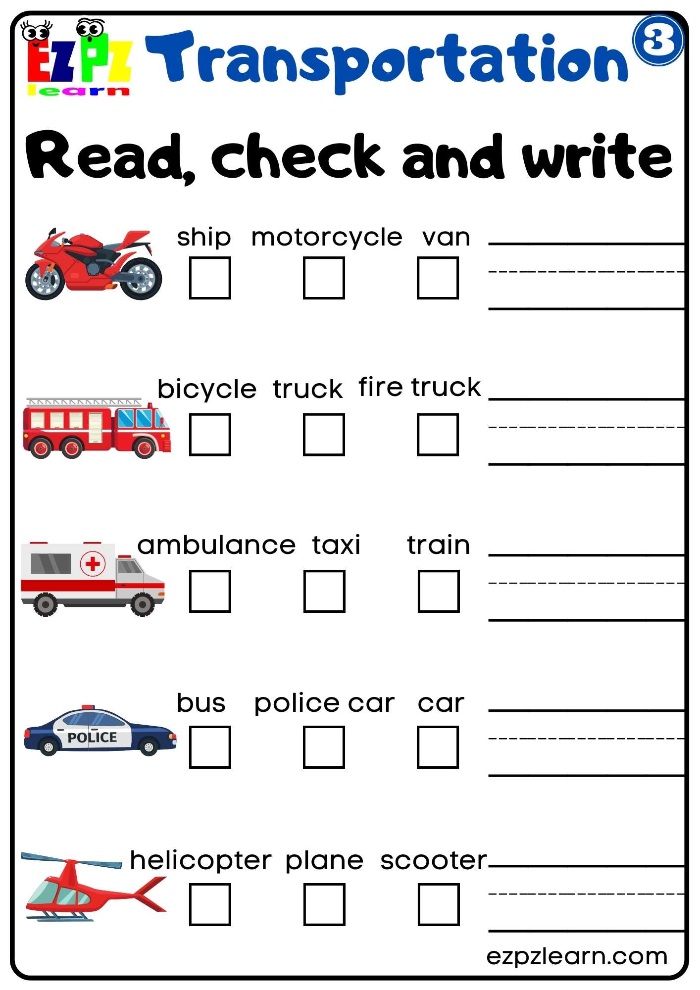 Transportation Vocabulary Read Check and Write Easy Worksheet for K5 ...