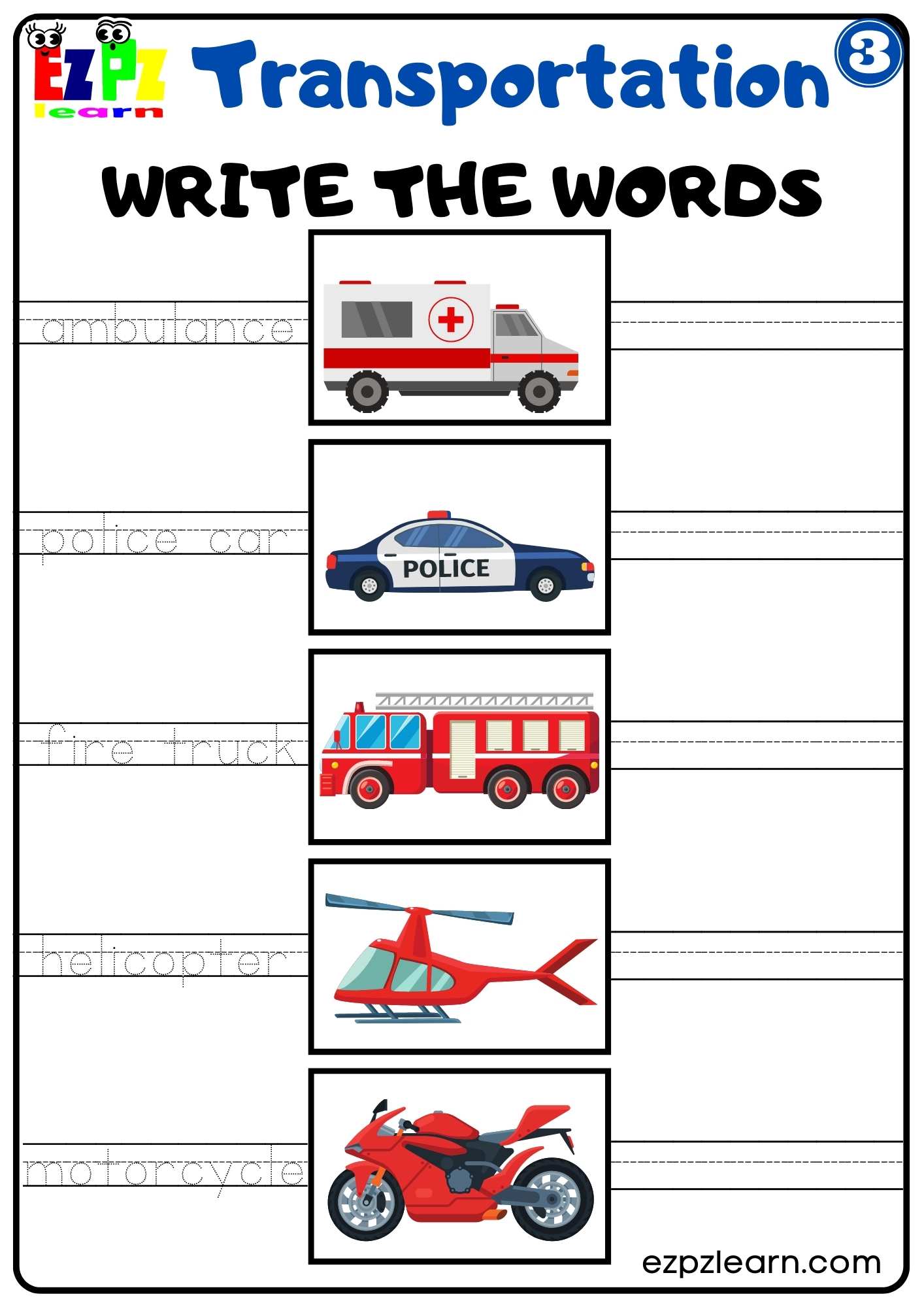 Transportation Vocabulary Write the Words Easy Worksheet for K5 and ESL ...