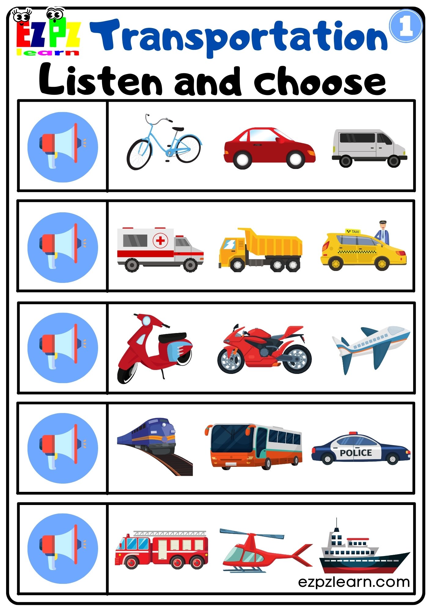 Interactive Worksheet for Transportation Listen and Choose the Correct ...