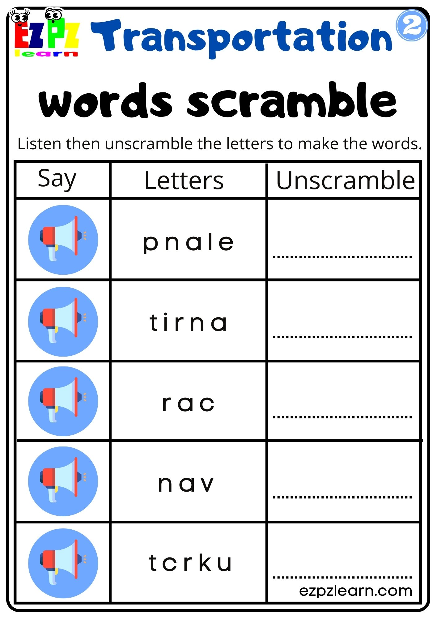 Interactive Worksheet for Transportation Listen, Unscramble and Write ...
