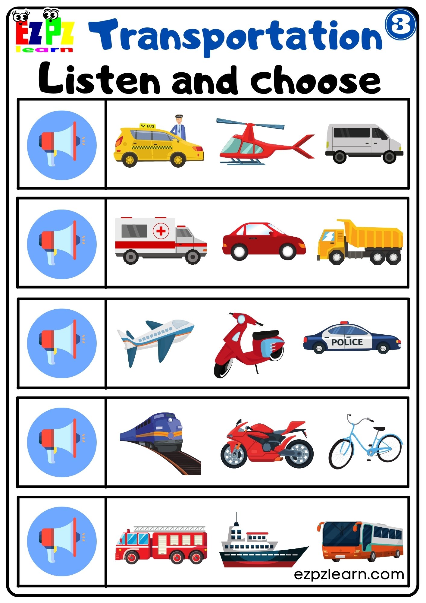 Interactive Worksheet for Transportation Listen and Choose the Correct ...