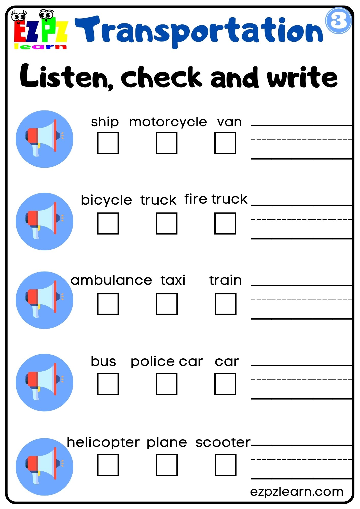 Interactive Worksheet for Transportation Listen, Check and Write the ...