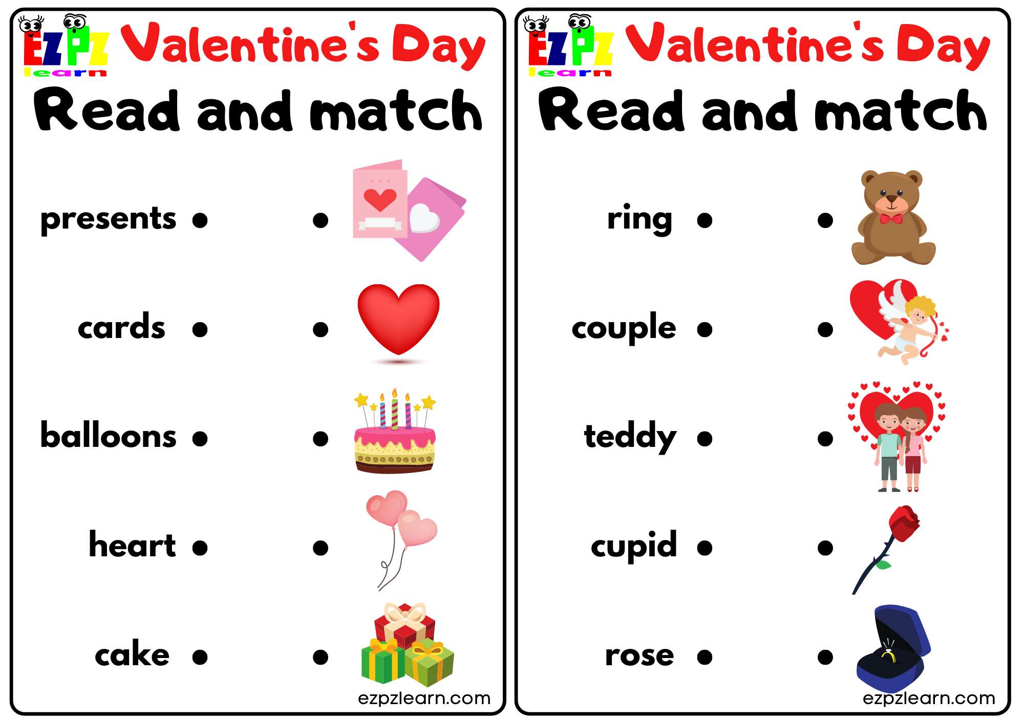 Valentine's Holiday Read and Match. Free PDF Download - Ezpzlearn.com