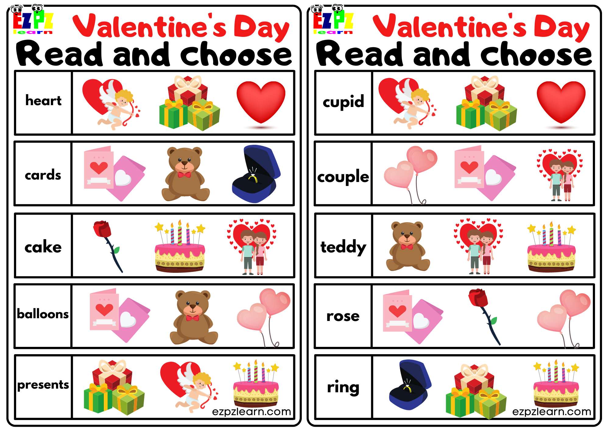 Valentine's Holiday Read and Choose. Free PDF Worksheet Download ...