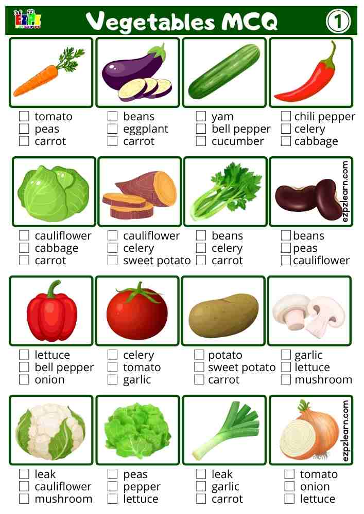 Vegetables Multiple Choice Questions (MCQ) Worksheet – Free PDF ...