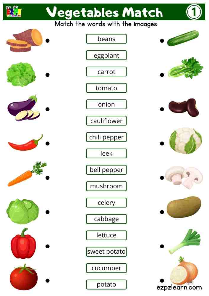 Vegetable Matching Worksheet – Look at the Picture and Match with the ...