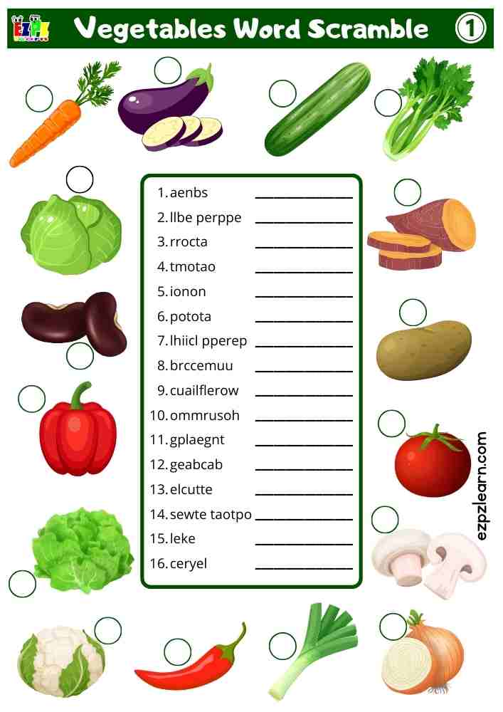 Vegetables Word Scramble Worksheet (Free PDF Download) Set 1 ...